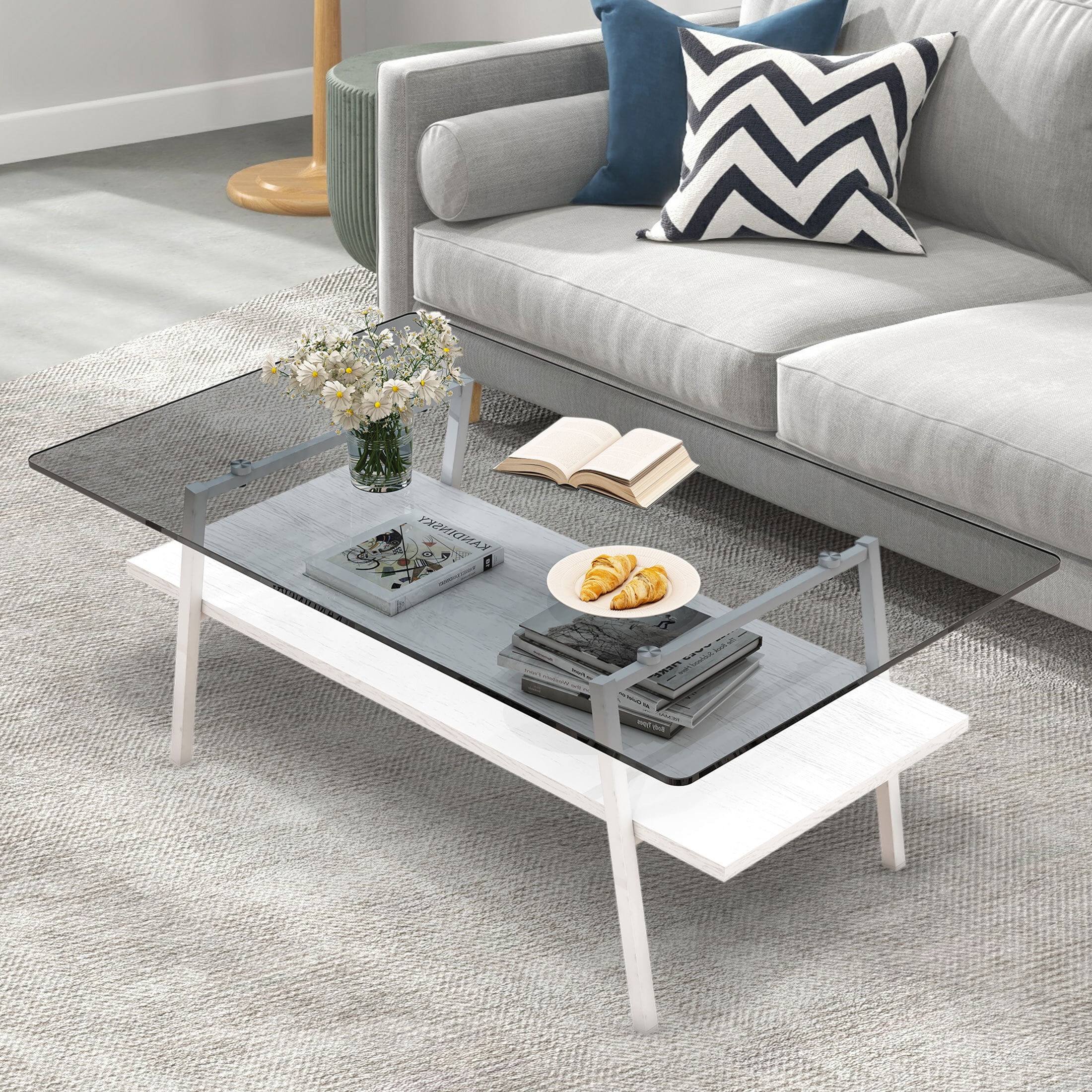 Rectangle Coffee Table, Modern Double Layer Center Table with Tempered ...