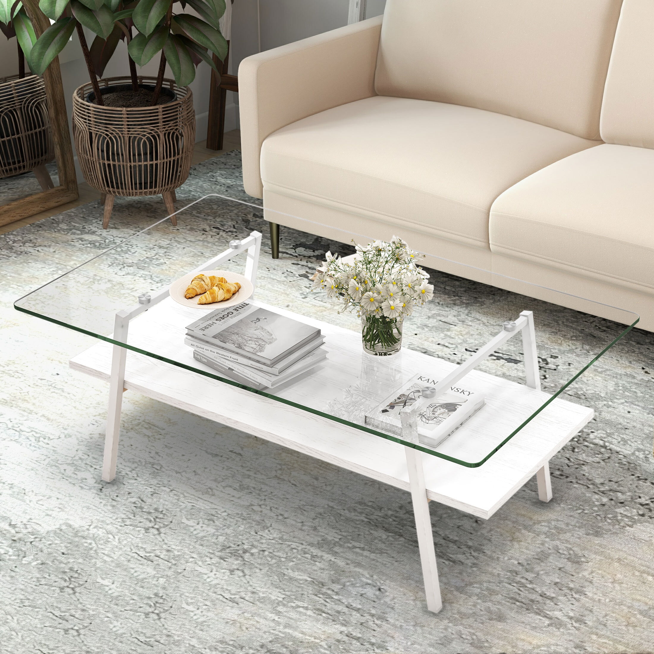 Rectangle Coffee Table, Modern Double Layer Center Table with Tempered ...
