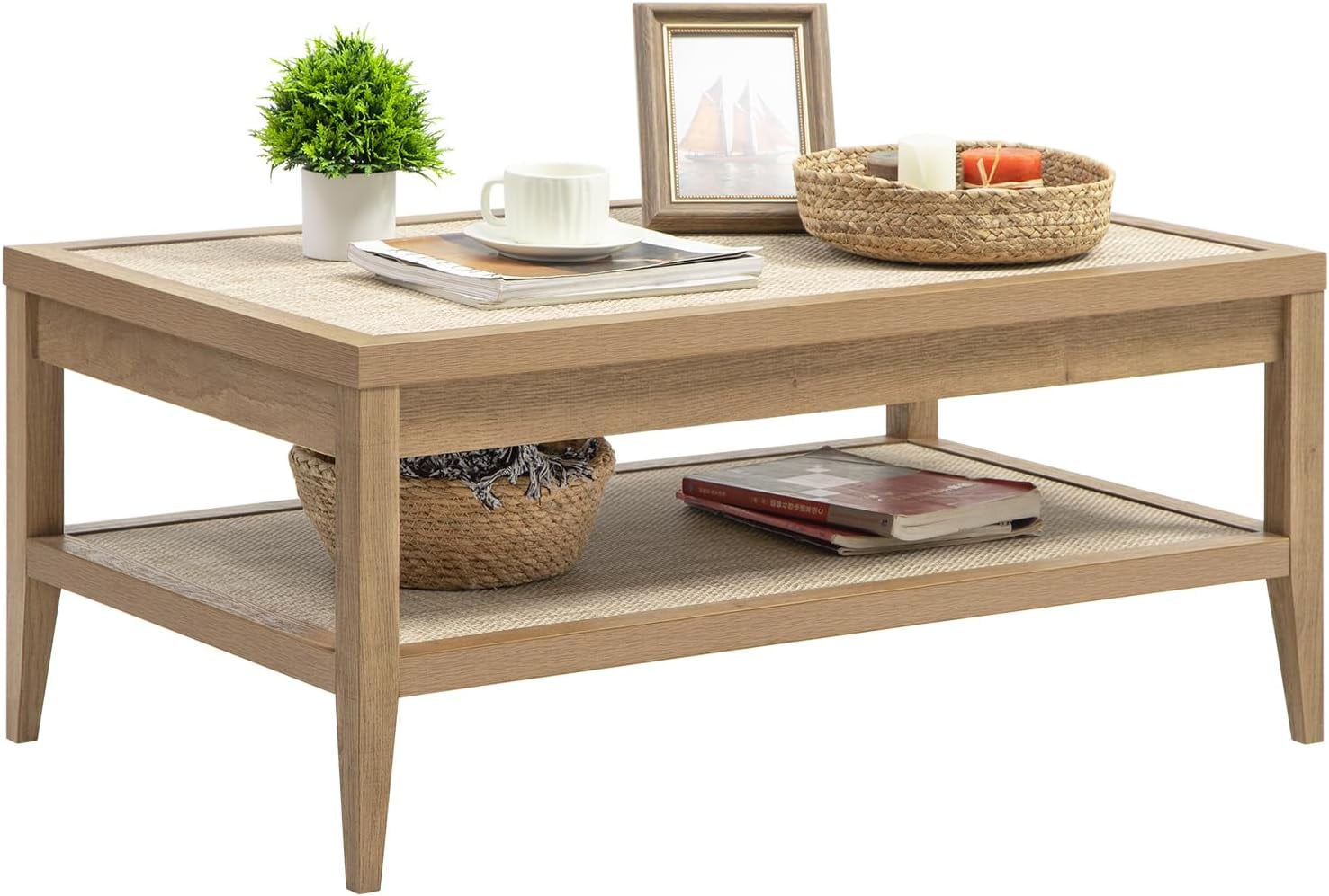 Rectangle Coffee Table for Living Room, Farmhouse Center Table with 2-Tier Rattan Storage ...