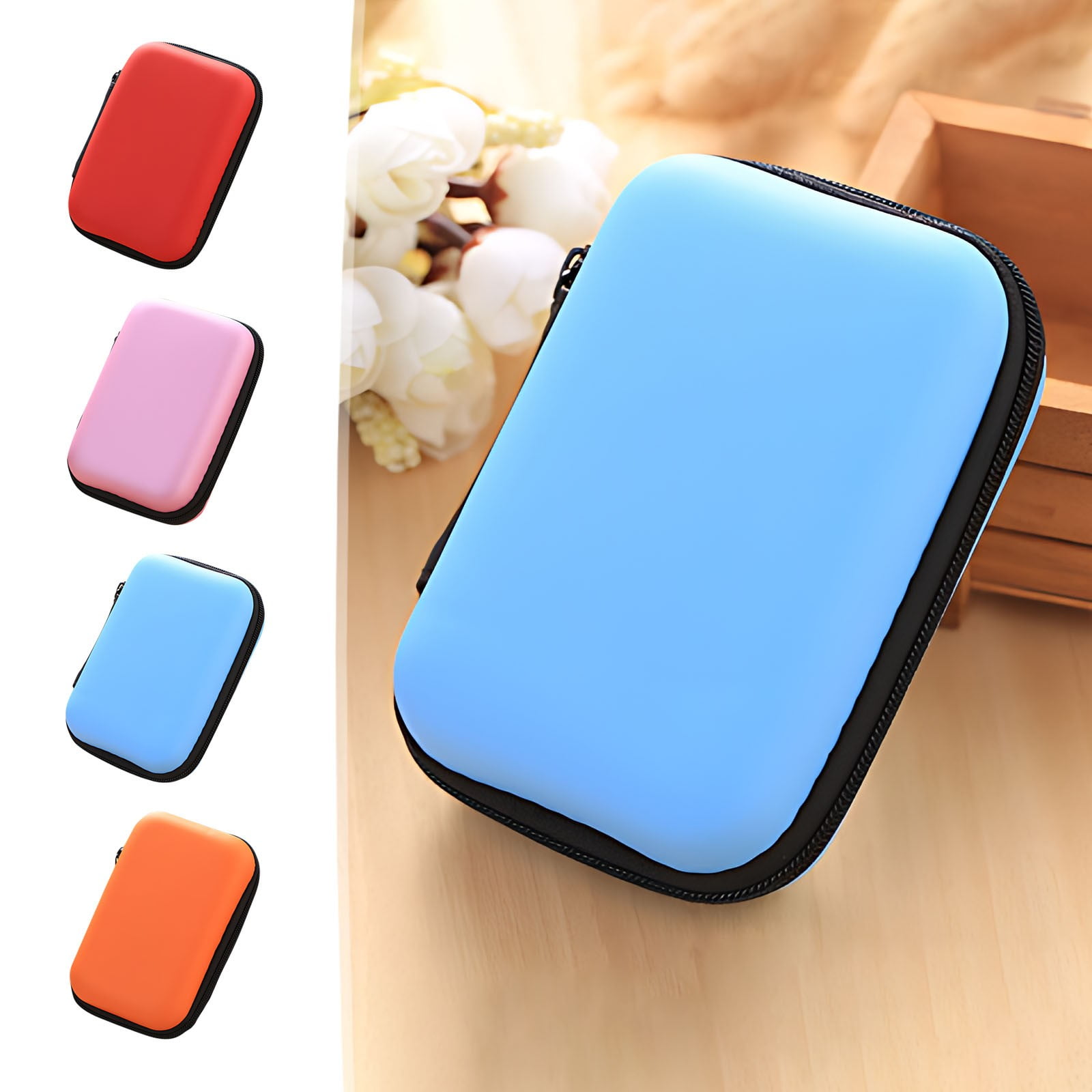 Rectangle Earbud Carrying Case Small Zipper Hard Leather Portable ...