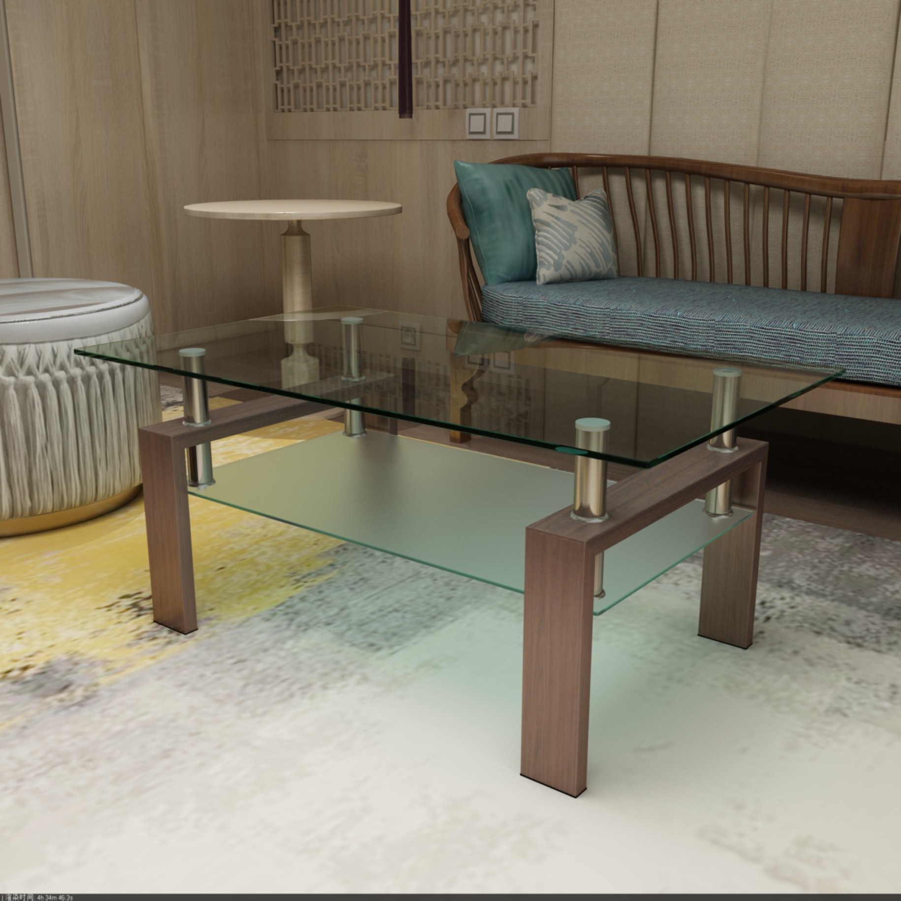 Rectangle Glass Coffee Table With 2 Shelves And Walnut Tubular Legs ...