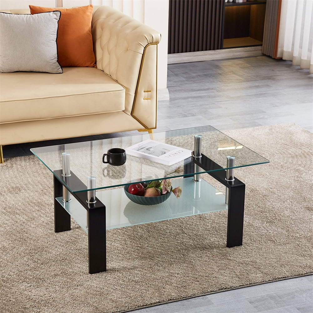 Rectangle Glass Coffee Table, 2-Tier Modern Side Coffee Table with ...