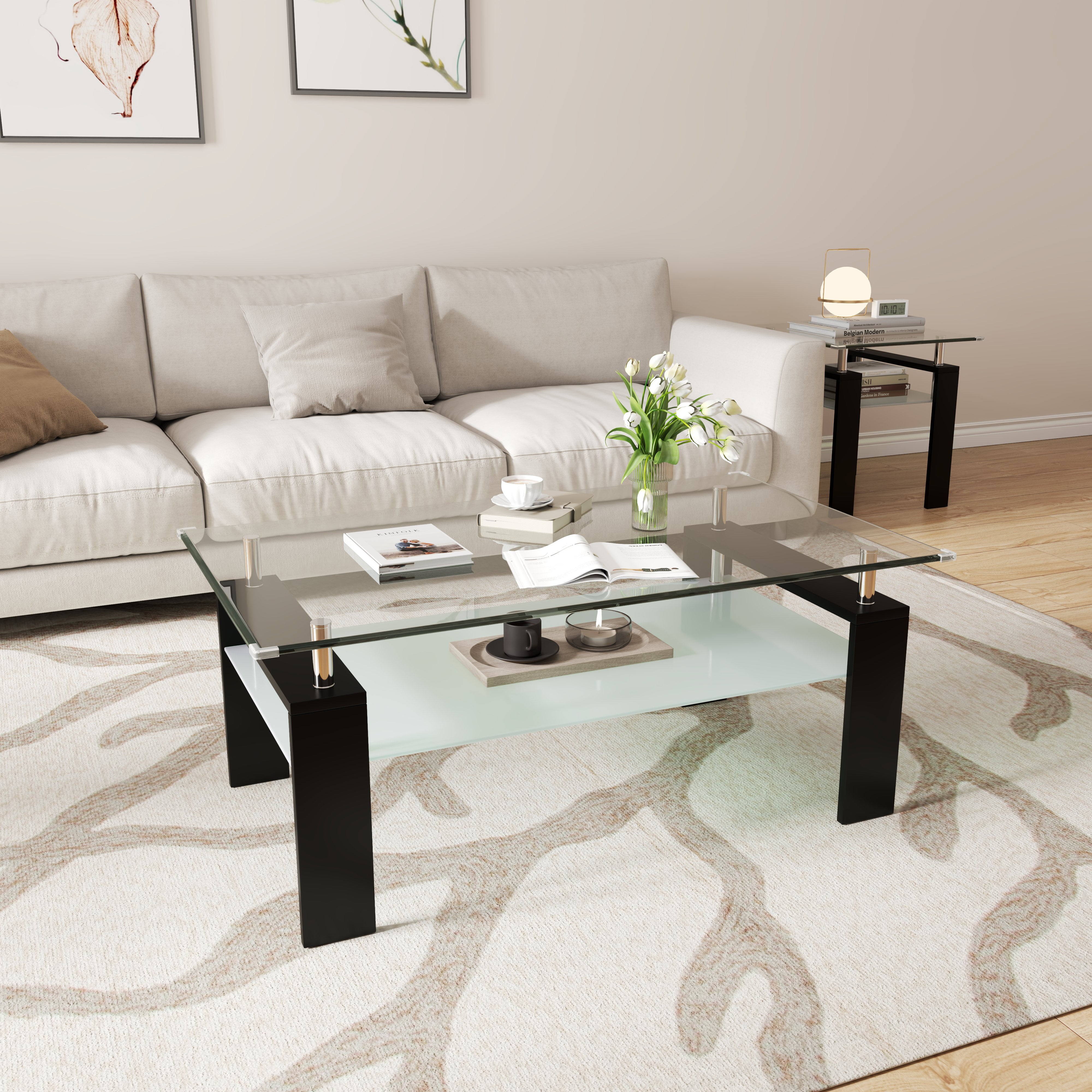 Rectangle Glass Coffee Table, 37.2" 2-Tier Modern Tea Table with ...