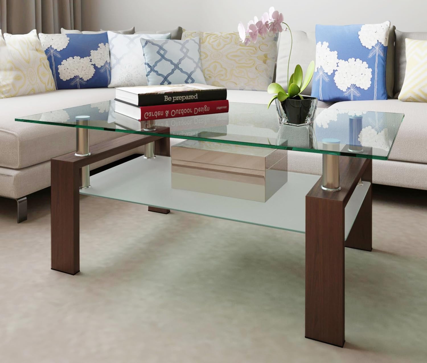 Rectangle Glass Coffee Table, Living Room Table with Tempered Glass ...