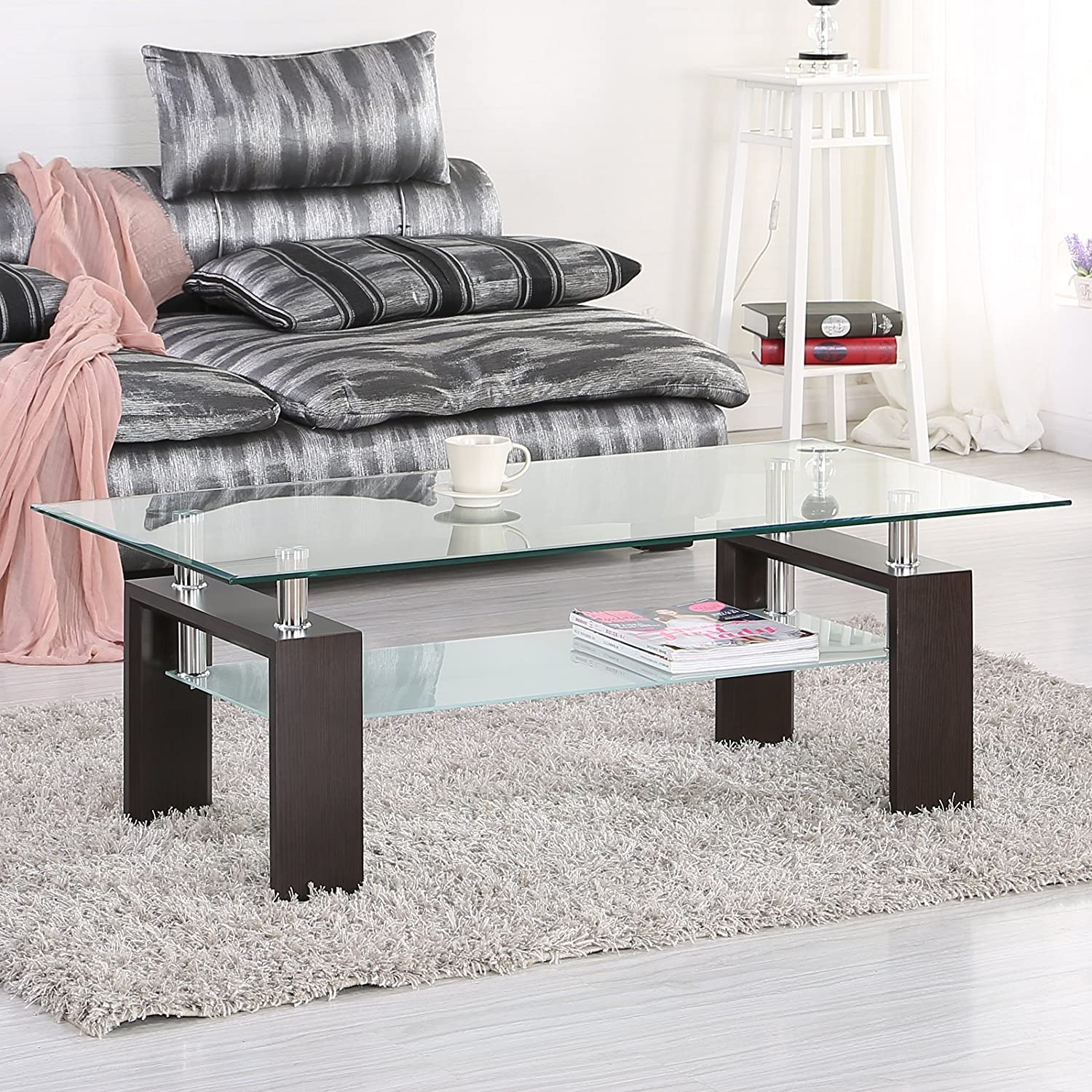 Rectangle Glass Coffee Table-Walnut Modern Side Coffee Table with Lower ...