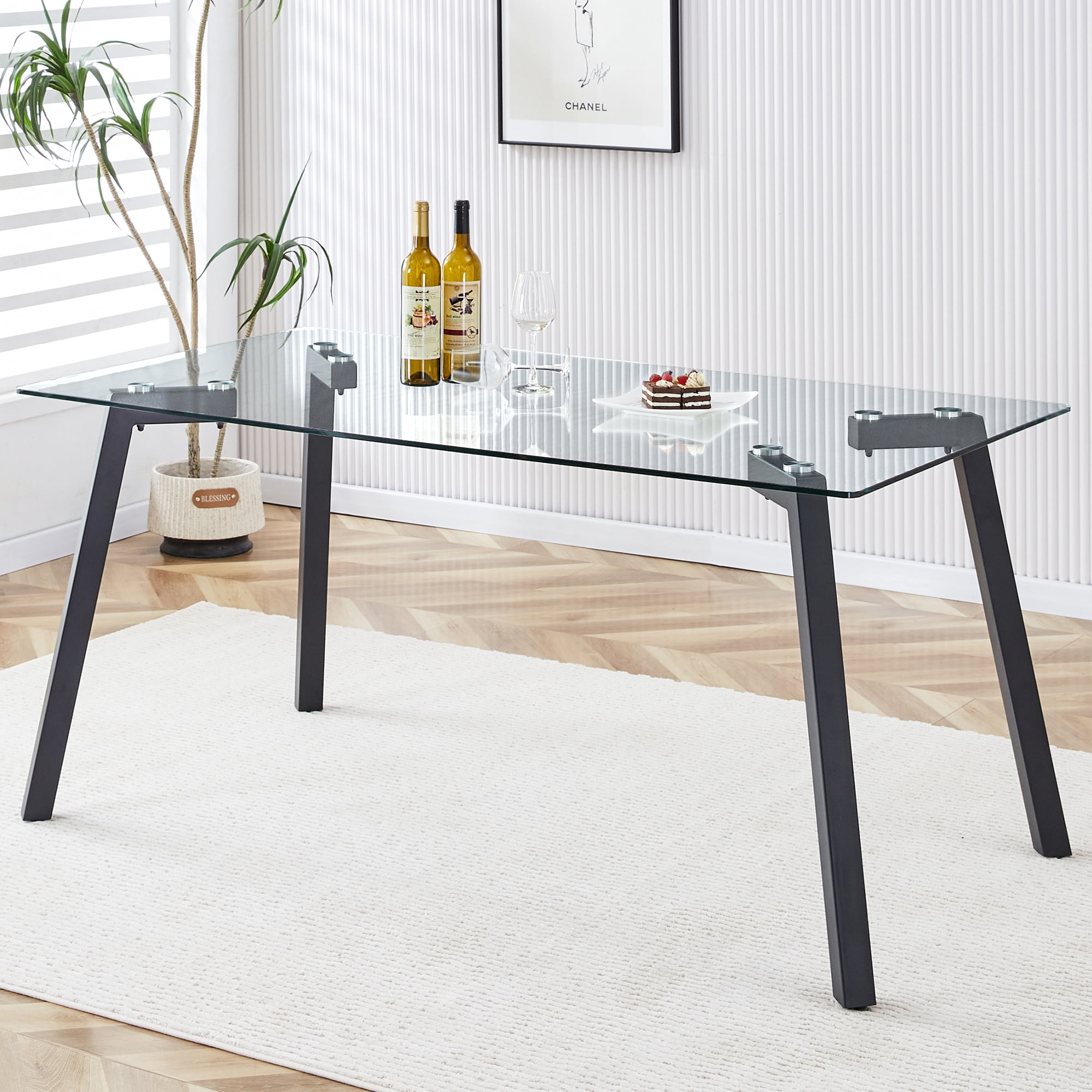 Rectangle Glass Dining Table, Atumon Glass Dining Table with Metal Base, Modern Glass Table for ...