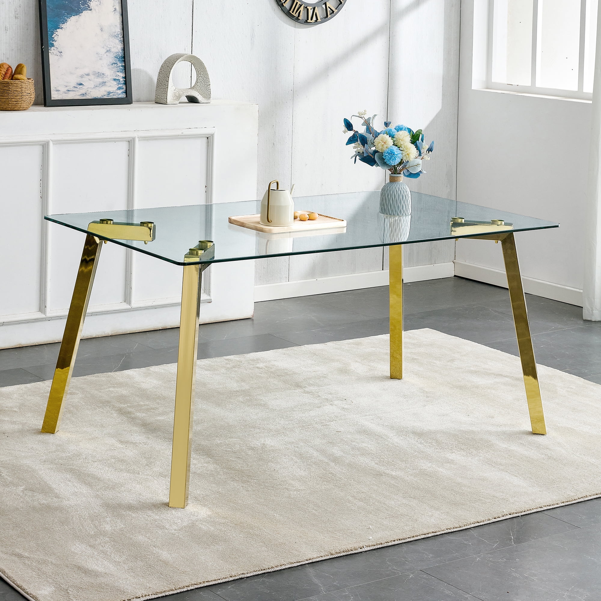 Rectangle Glass Dining Table, Atumon Glass Dining Table with Metal Base ...