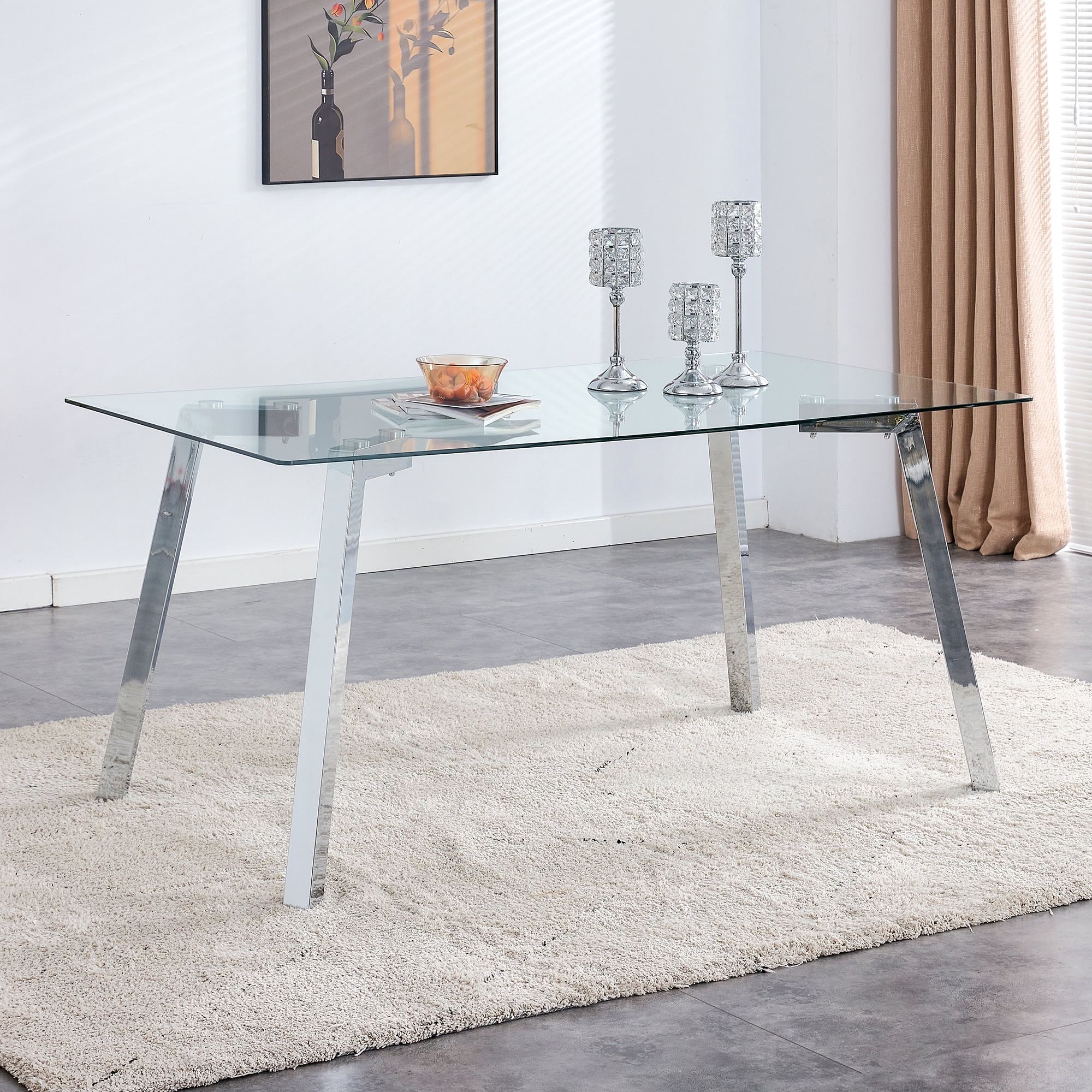 Rectangle Glass Dining Table, Atumon Glass Dining Table with Metal Base ...