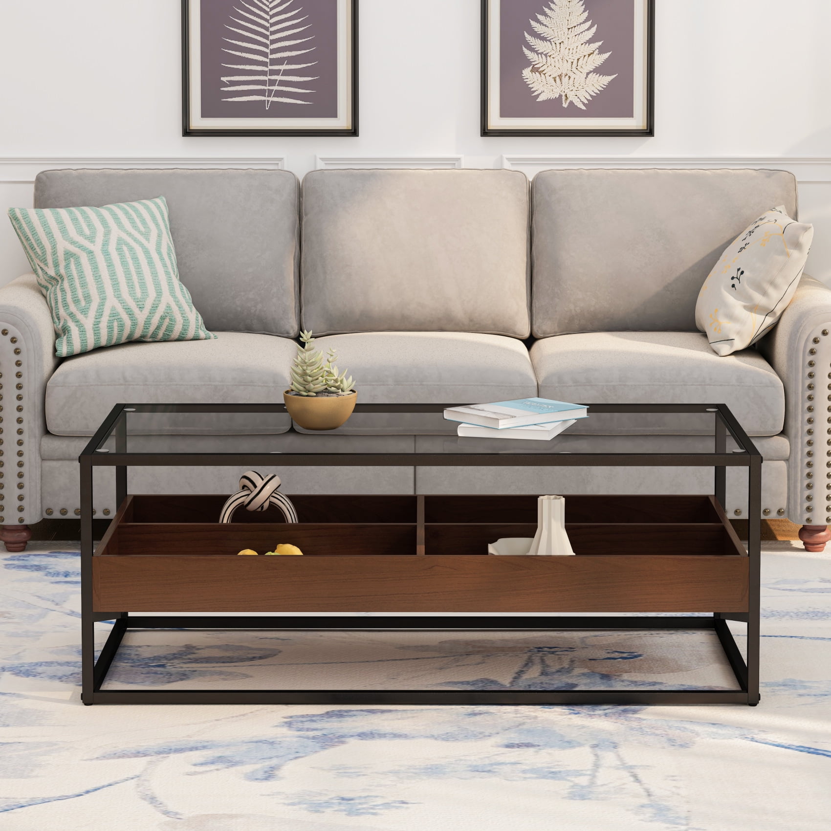 Rectangle Glass End Table with Storage Shelf and Metal Table Legs, Side ...