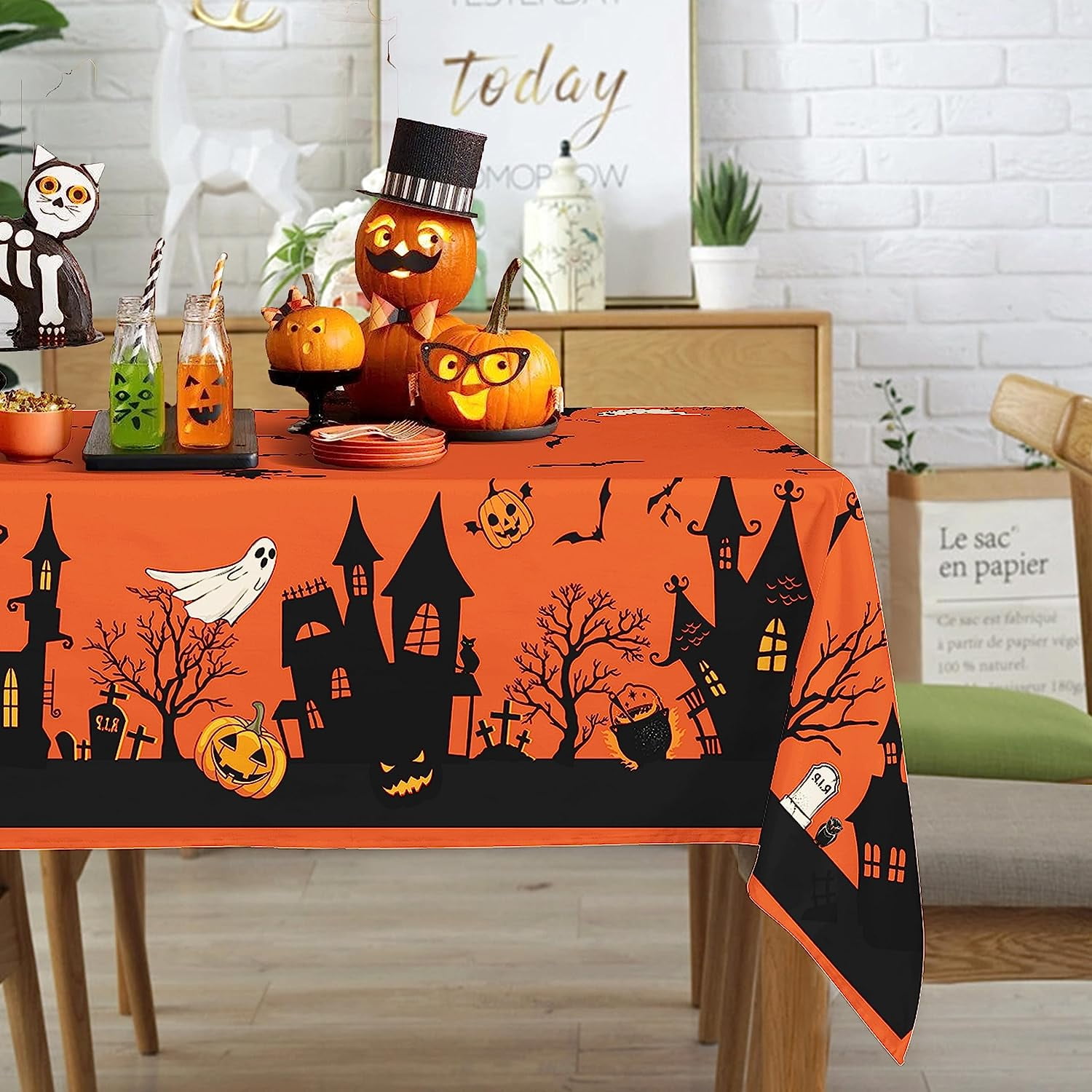 Rectangle Halloween Tablecloth 60x120Inch, Scary Pumpkin Spooky Castle ...