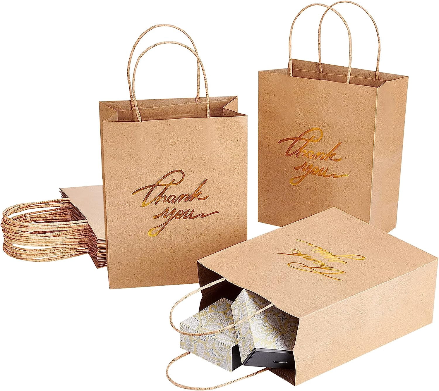 Rectangle Kraft Paper Bag with Handle Word Thank you for Party Recycled ...