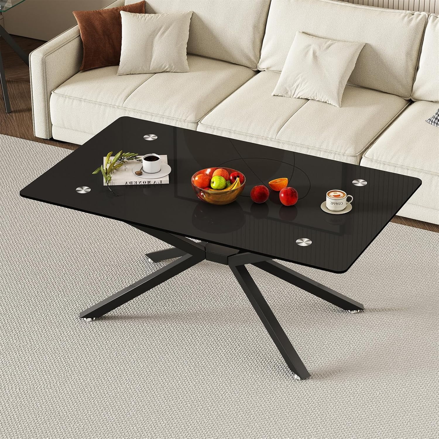 Rectangle Modern Glass Coffee Table,Black Tempered Glass Top Coffee ...