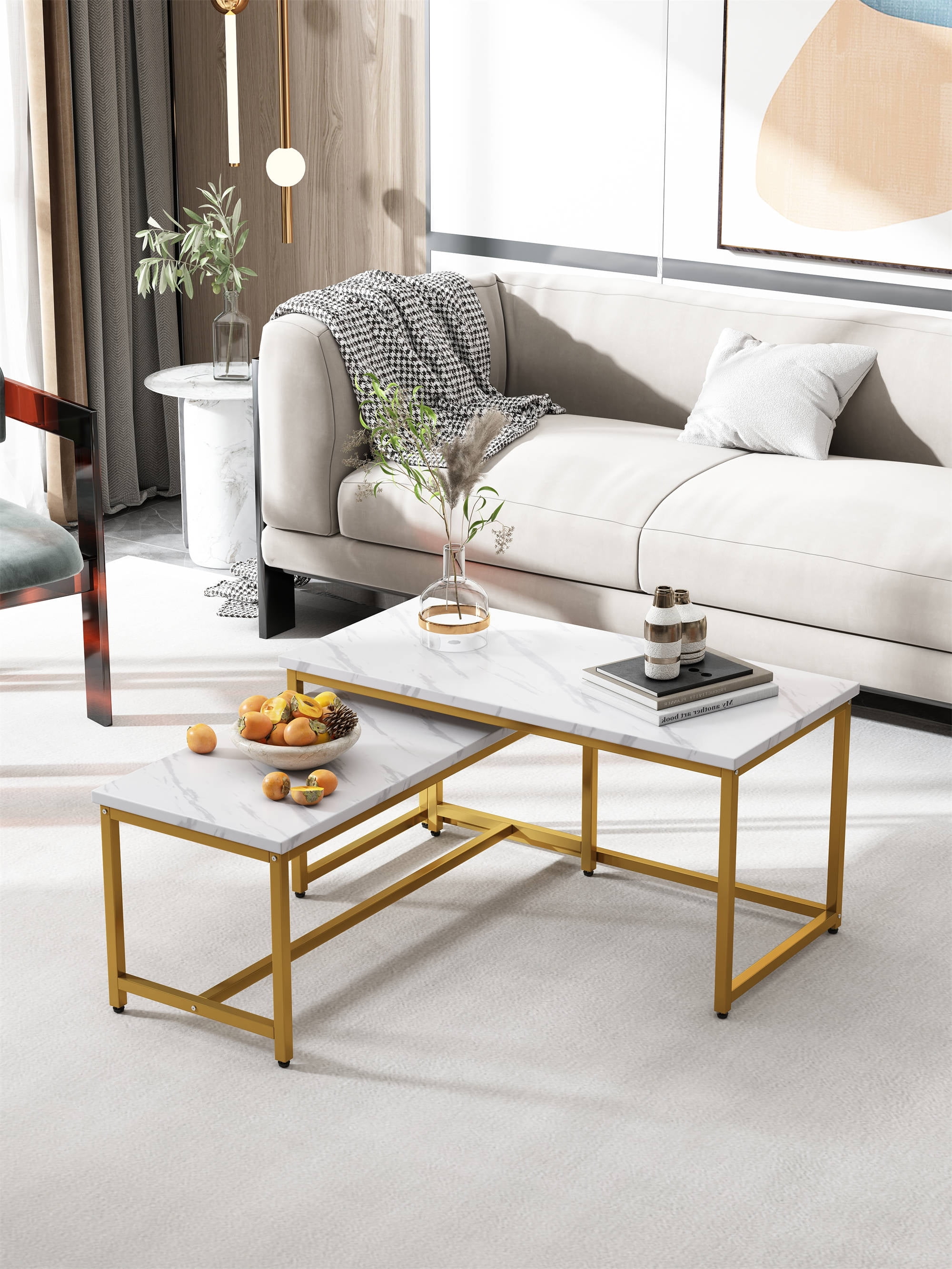 Rectangle Nesting Coffee Table and End Table Set, Contemporary 2-Piece ...