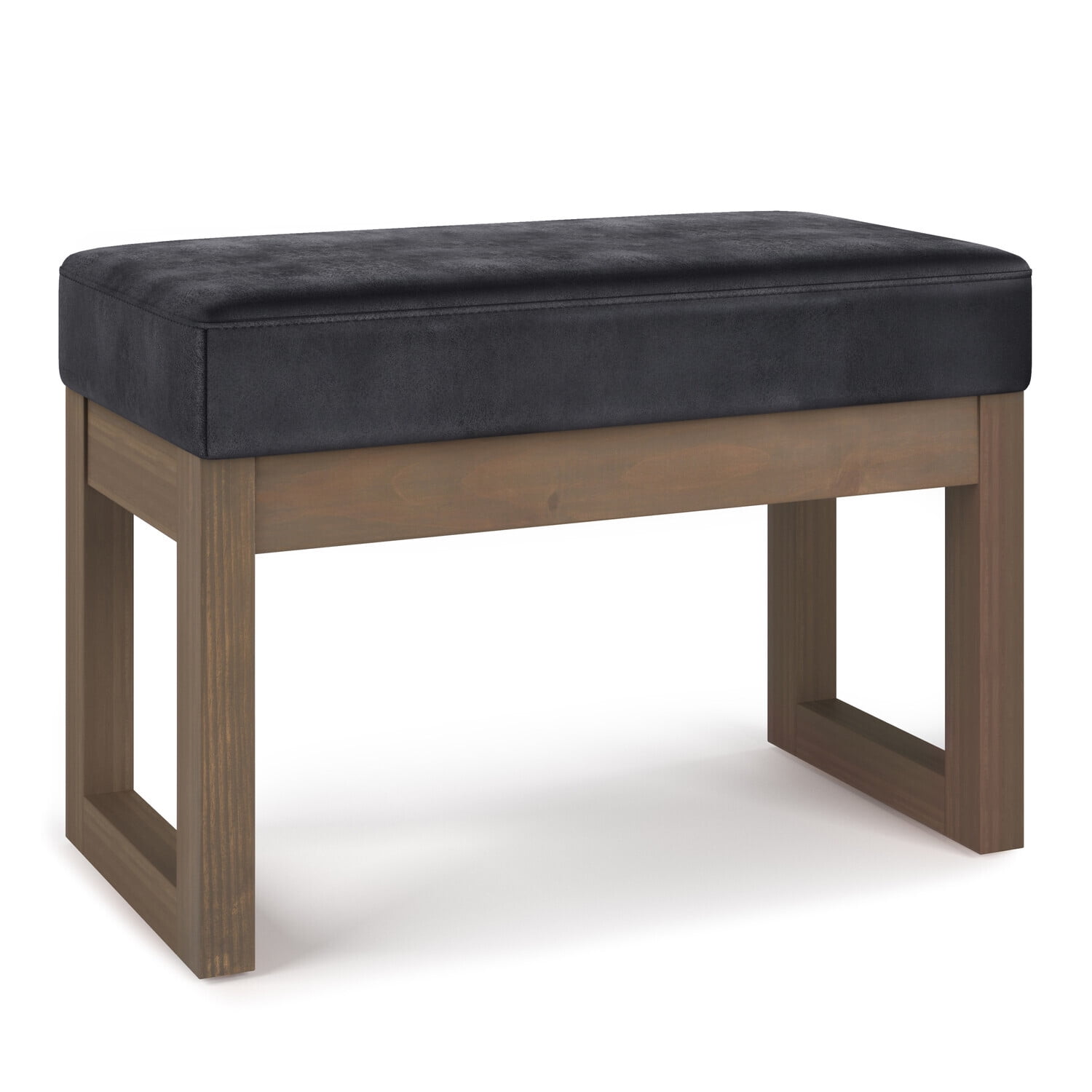 Rectangle Ottoman Bench - Distressed Black Vegan Leather - Solid Wood ...