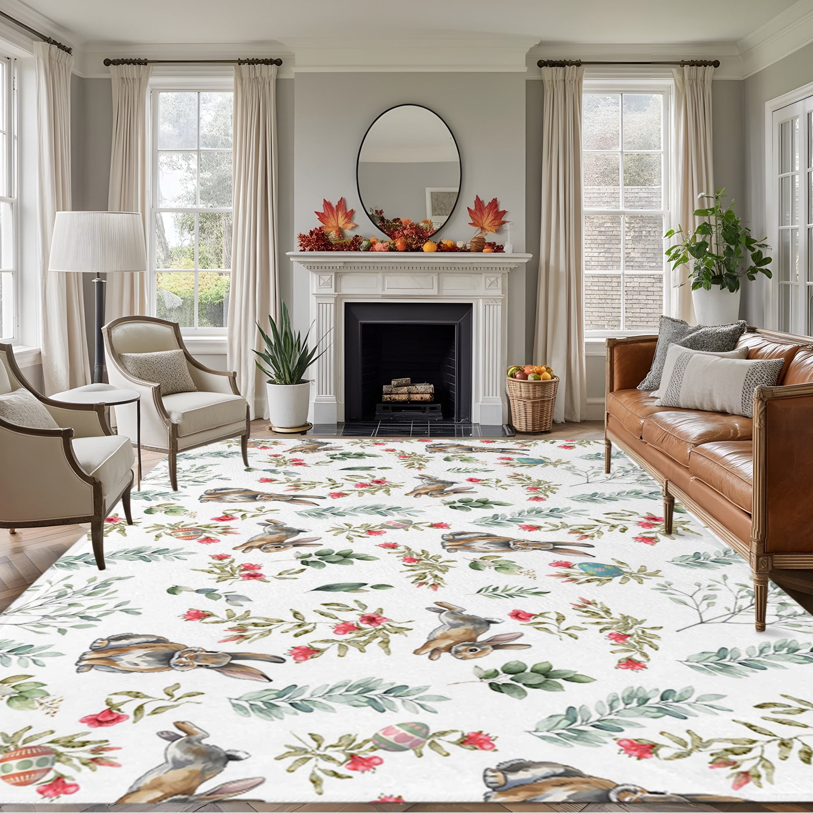 Rectangle Rug 5x7ft Area Rug, Spring Easter Farm Rabbit Flower Area ...