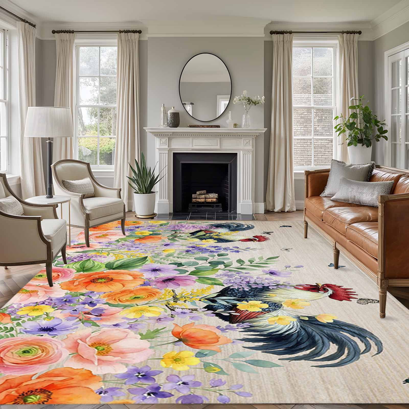Rectangle Rug 6x9ft Area Rug,Watercolor Farm Roosters Flowers Area Rugs ...