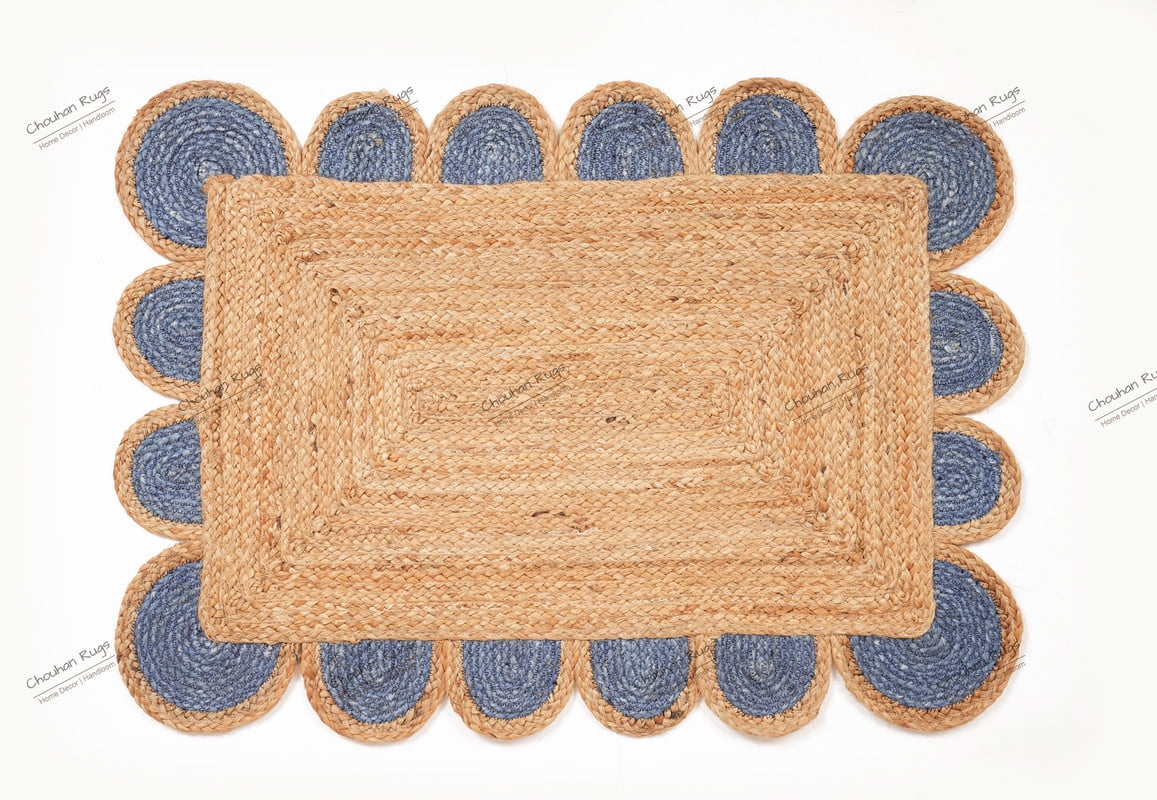 Rectangle Rug Natural Jute Rug Hand Braided Beige and Light Blue Border ...