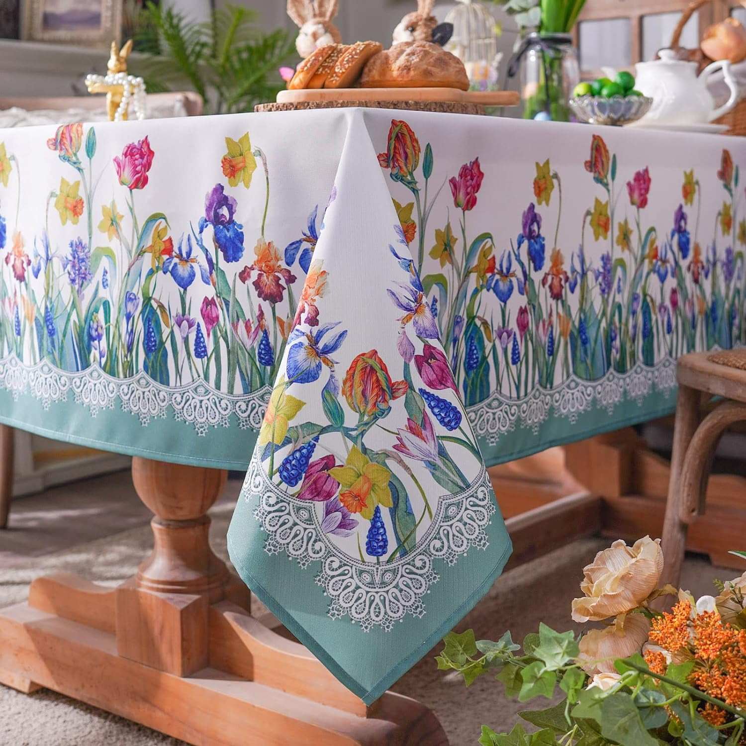 Rectangle Spring Tablecloth Tulip Printed Flower Grass Vintage Floral ...