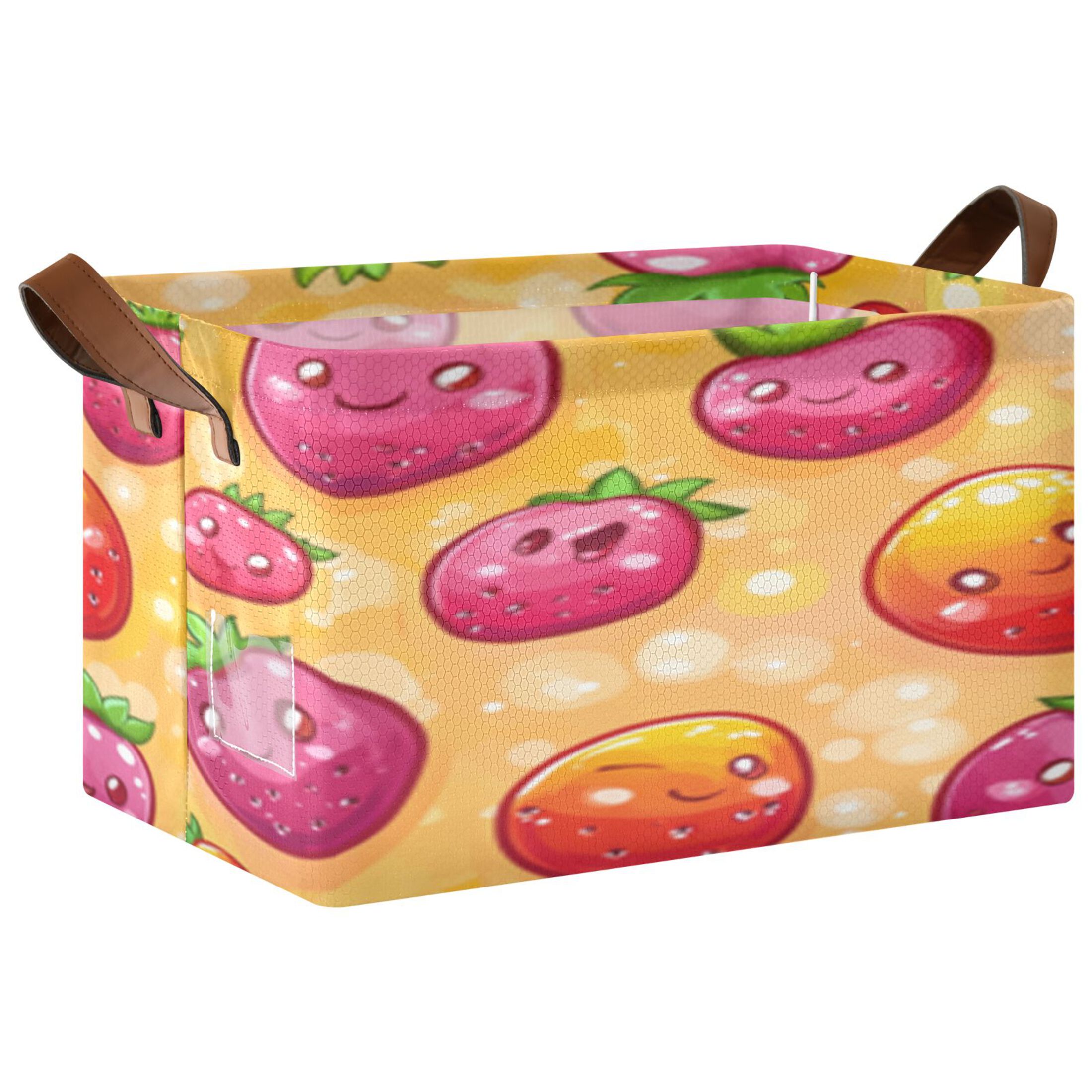 Rectangle Storage Basket with Handles Cute Cartoon Strawberry on Orange ...