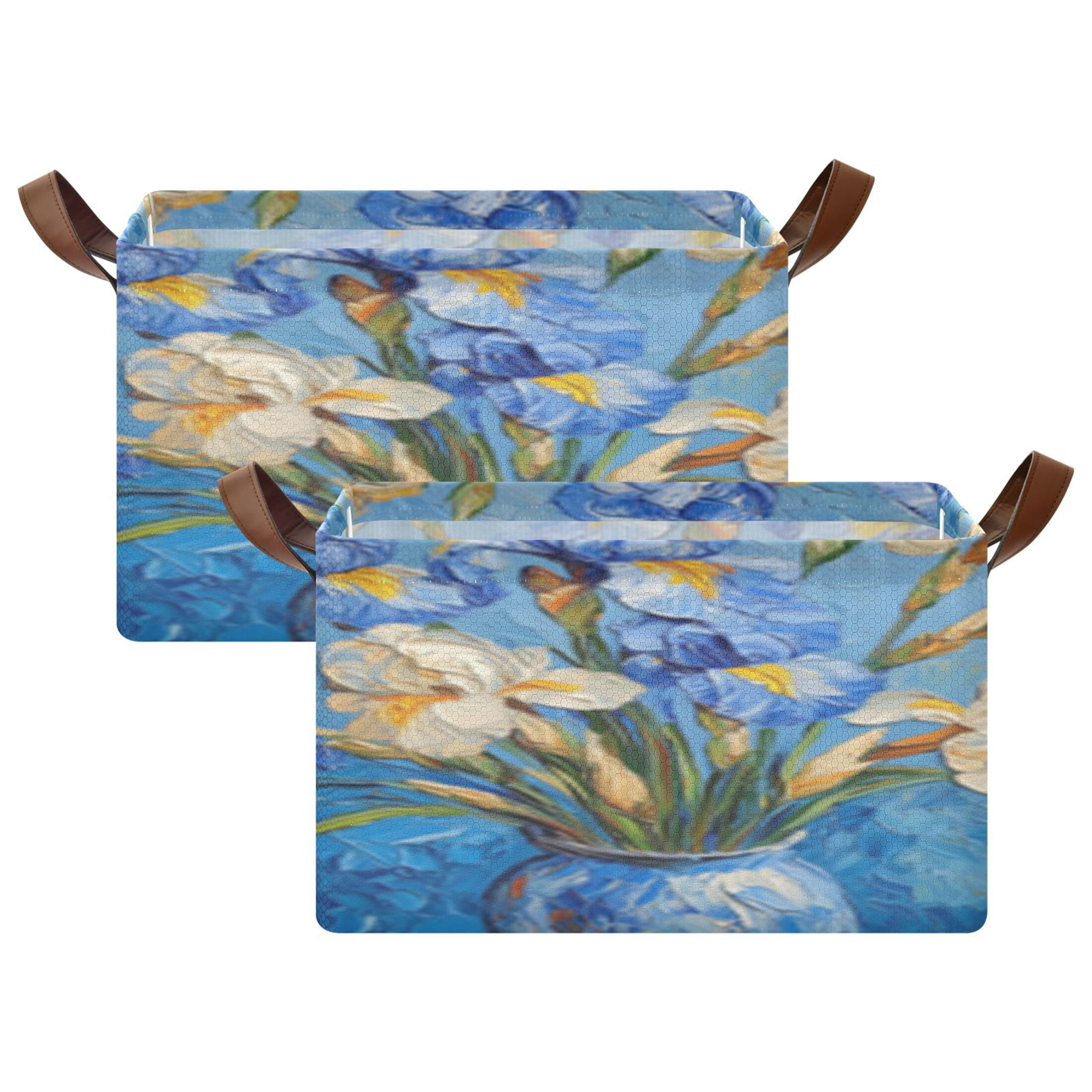 Rectangle Storage Basket with Handles Blue Flowers in Pots Collapsible ...