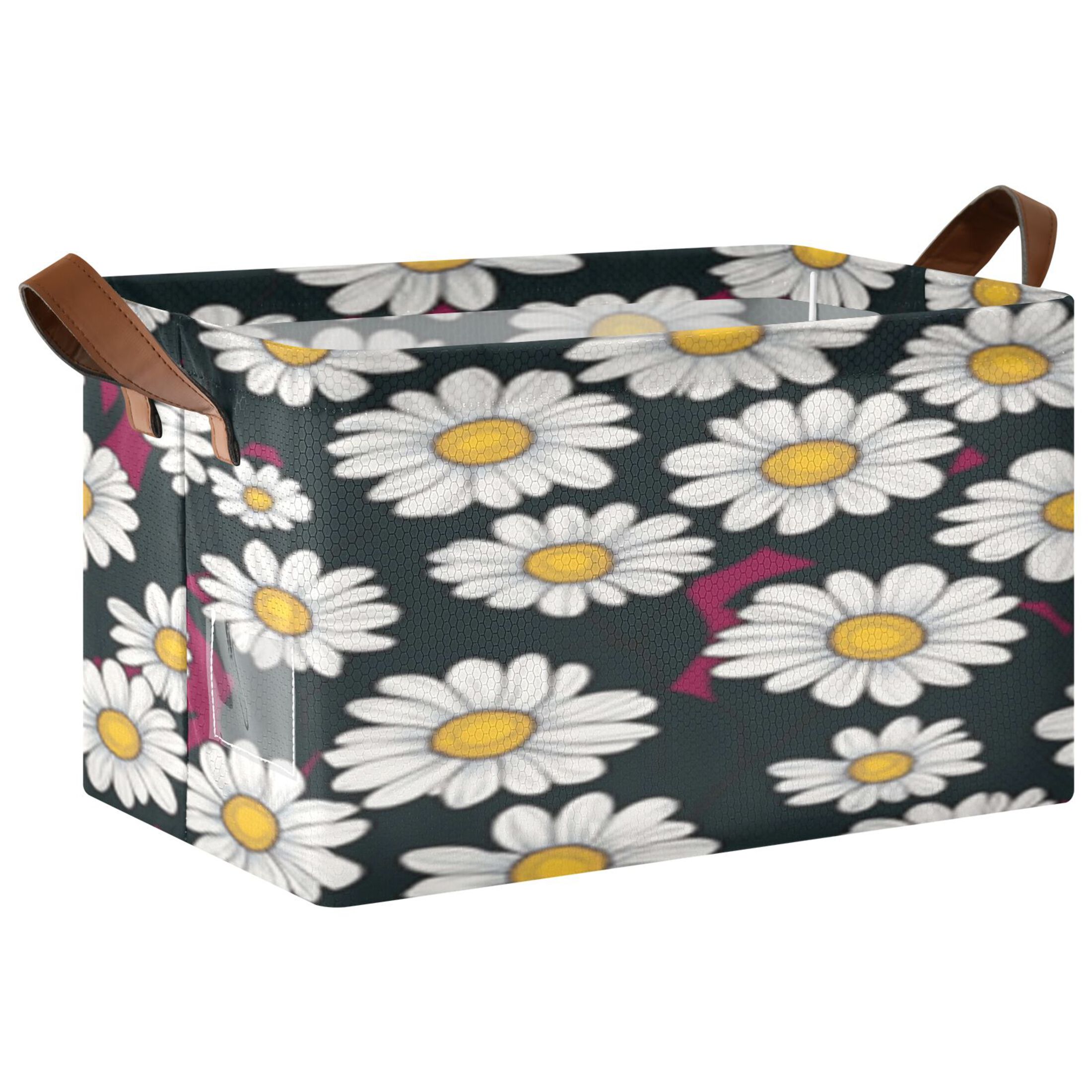 Rectangle Storage Basket with Handles Cute White Daisy Collapsible ...
