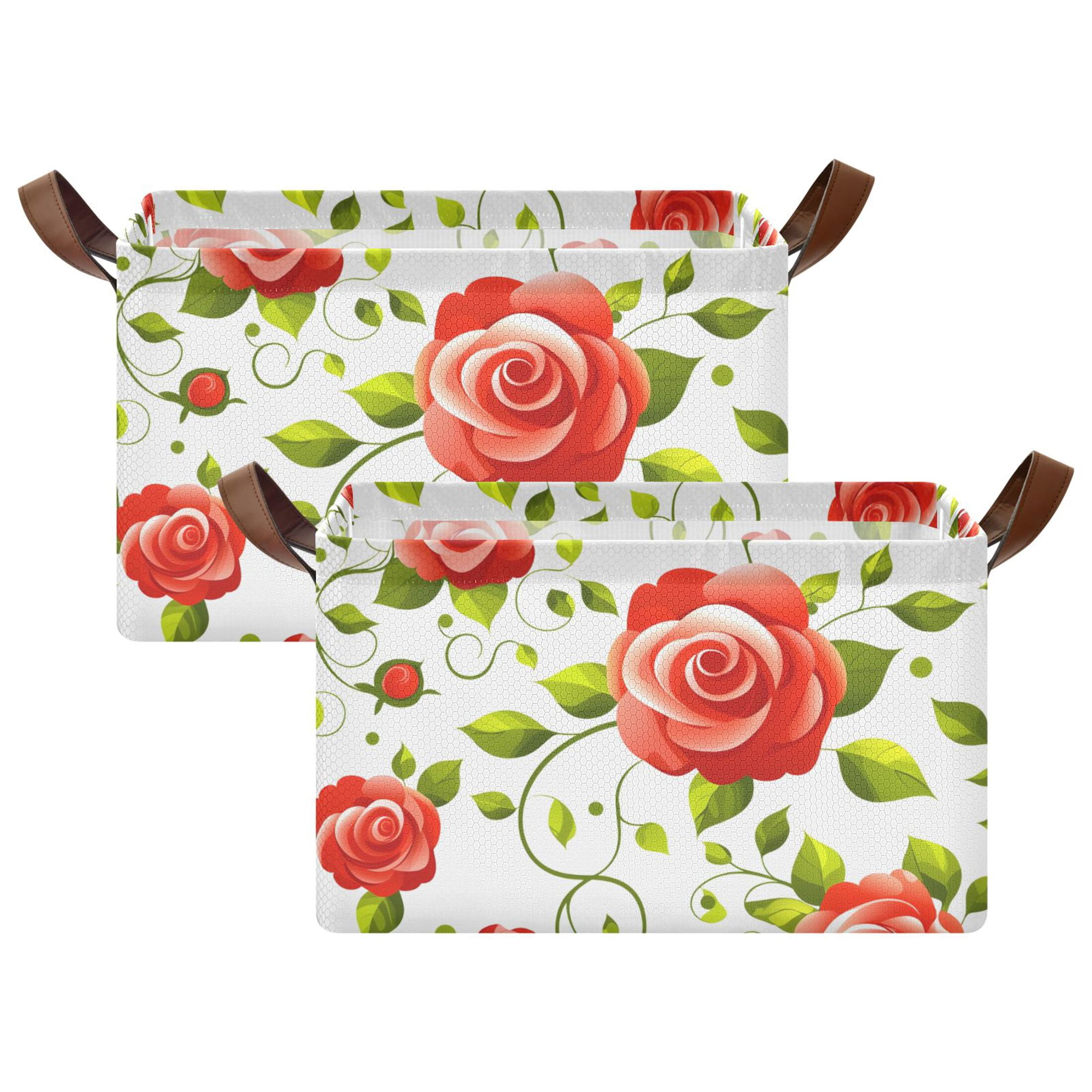 Rectangle Storage Basket with Handles Rose Color Red Leaves Tile ...
