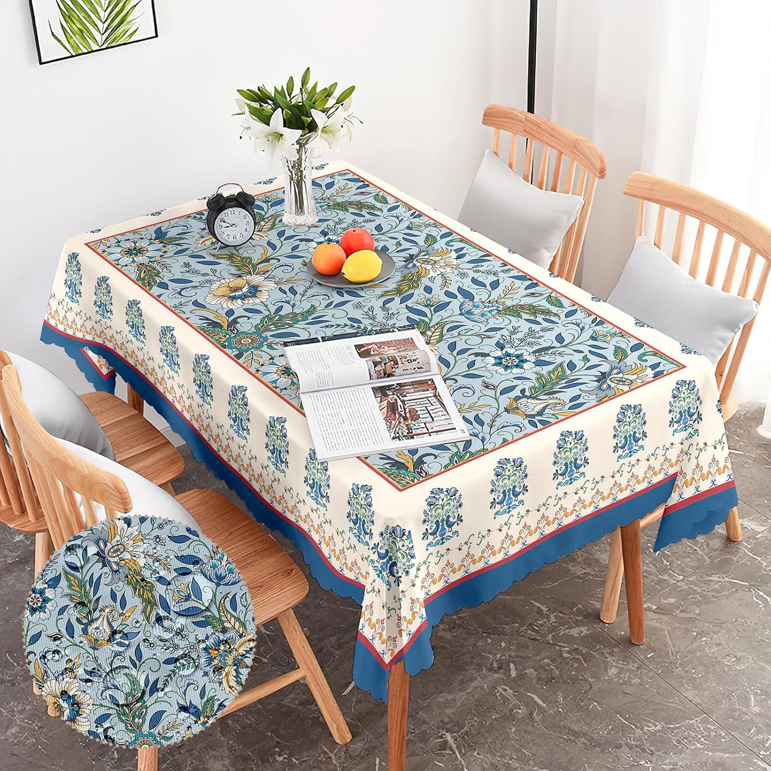 Rectangle Table Cloth, Blue Floral Rectangle Tablecloth, Stain ...