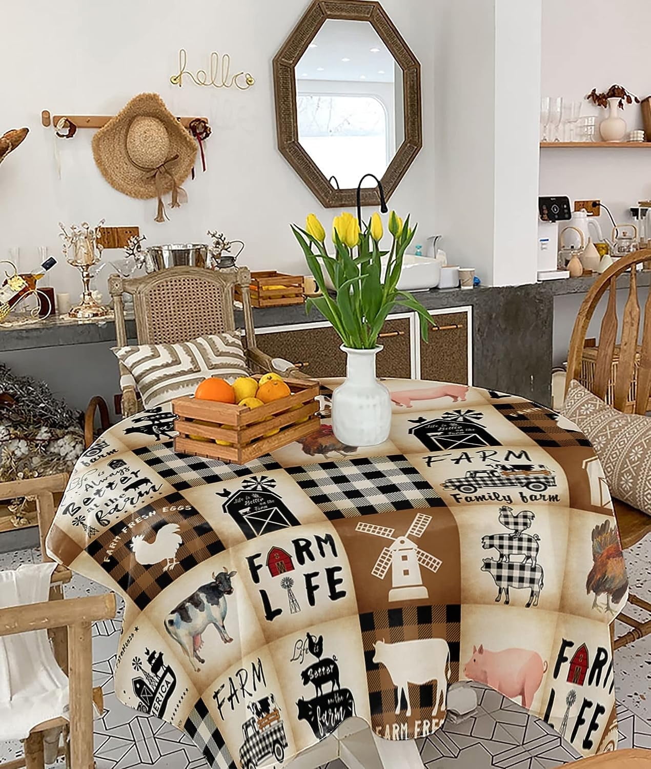 Rectangle Table Cloth Farm Rooster Cow Windmill Brown Buffalo Plaid ...