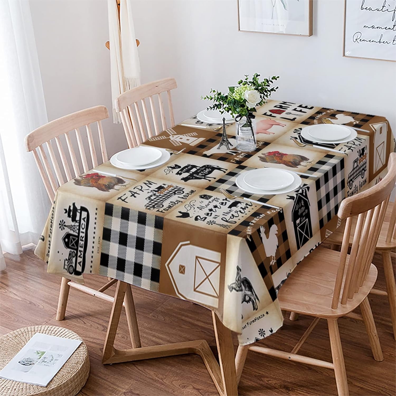 Rectangle Table Cloth Farm Rooster Cow Windmill Brown Buffalo Plaid ...