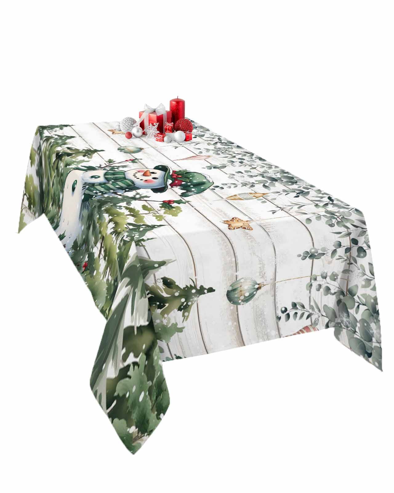 Rectangle Tablecloth 60 x 120 Inches Christmas Snowman Pine Trees Wood ...