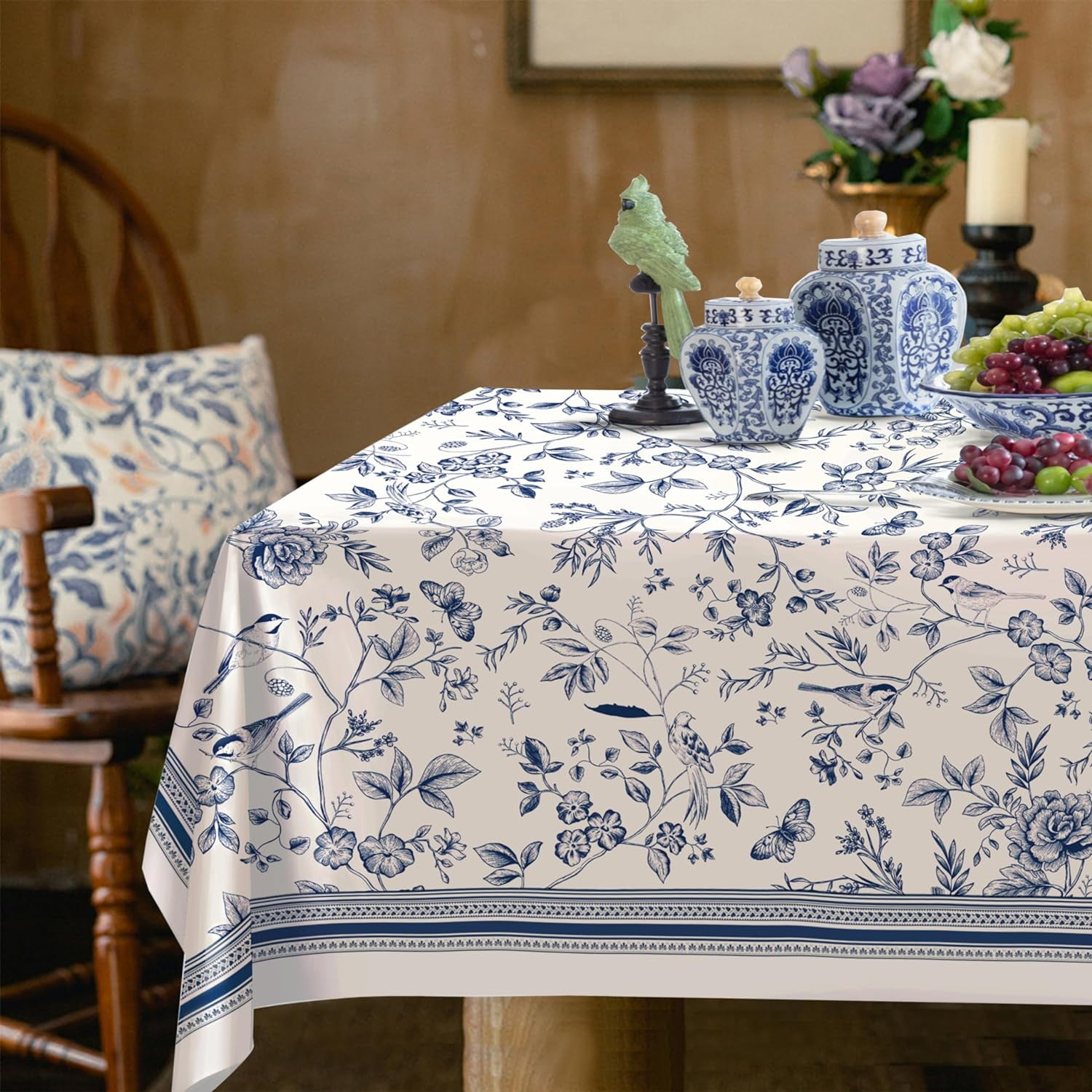 Rectangle Tablecloth - 60 x 84 Inch Blue Floral Birds Rustic Tablecloth ...