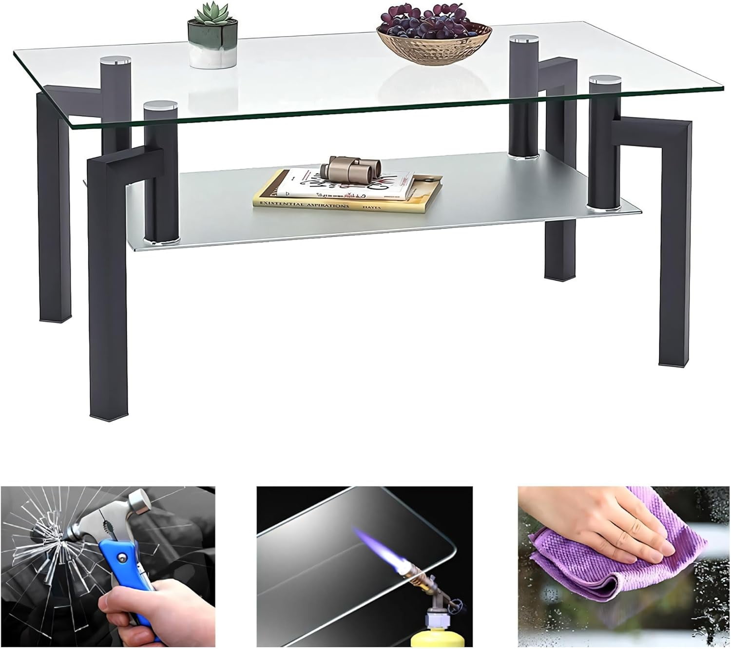 Rectangle Tempered Glass Coffee Table, Metal Leg Glass Coffee Tables ...