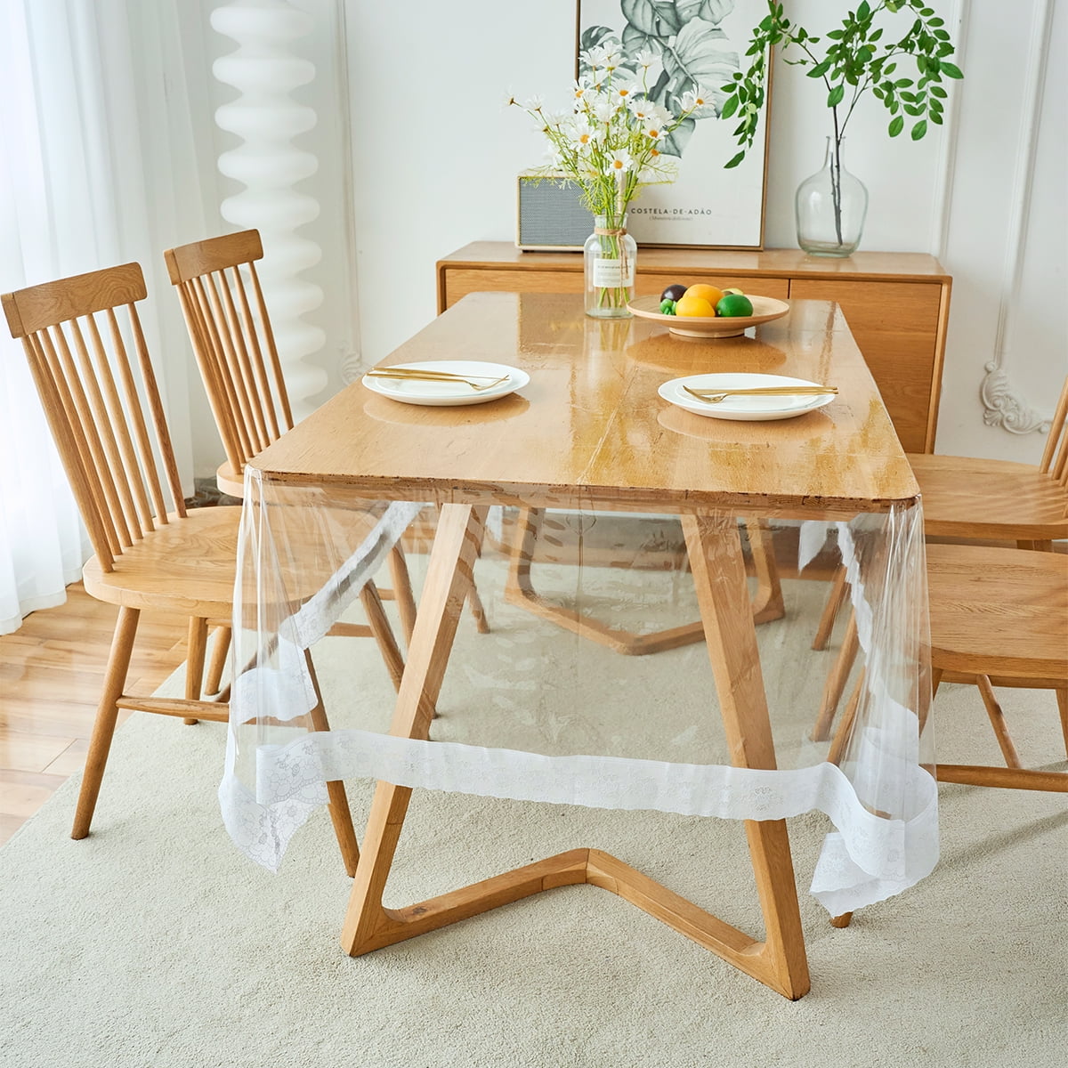 Rectangle Waterproof Vinyl Clear Plastic Tablecloth with White Lace ...