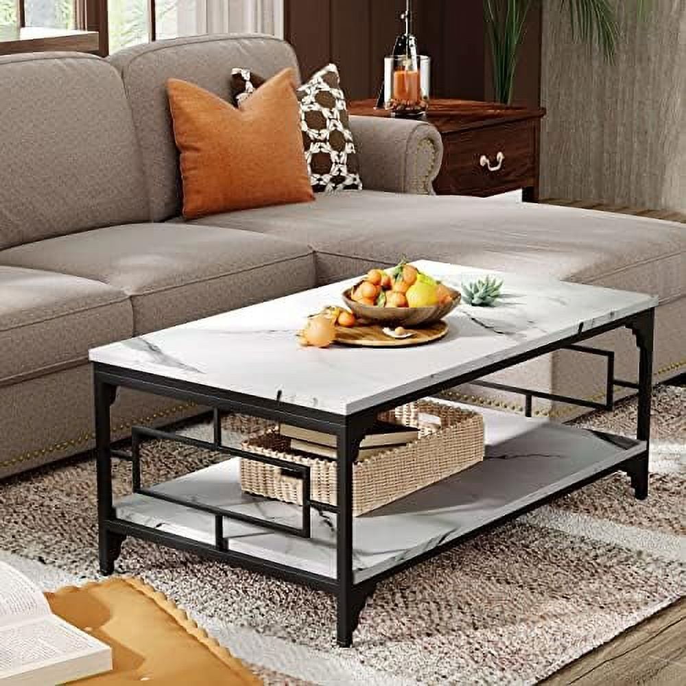 Rectangle White Faux Marble Farmhouse Rustic 42" Coffee Table for ...