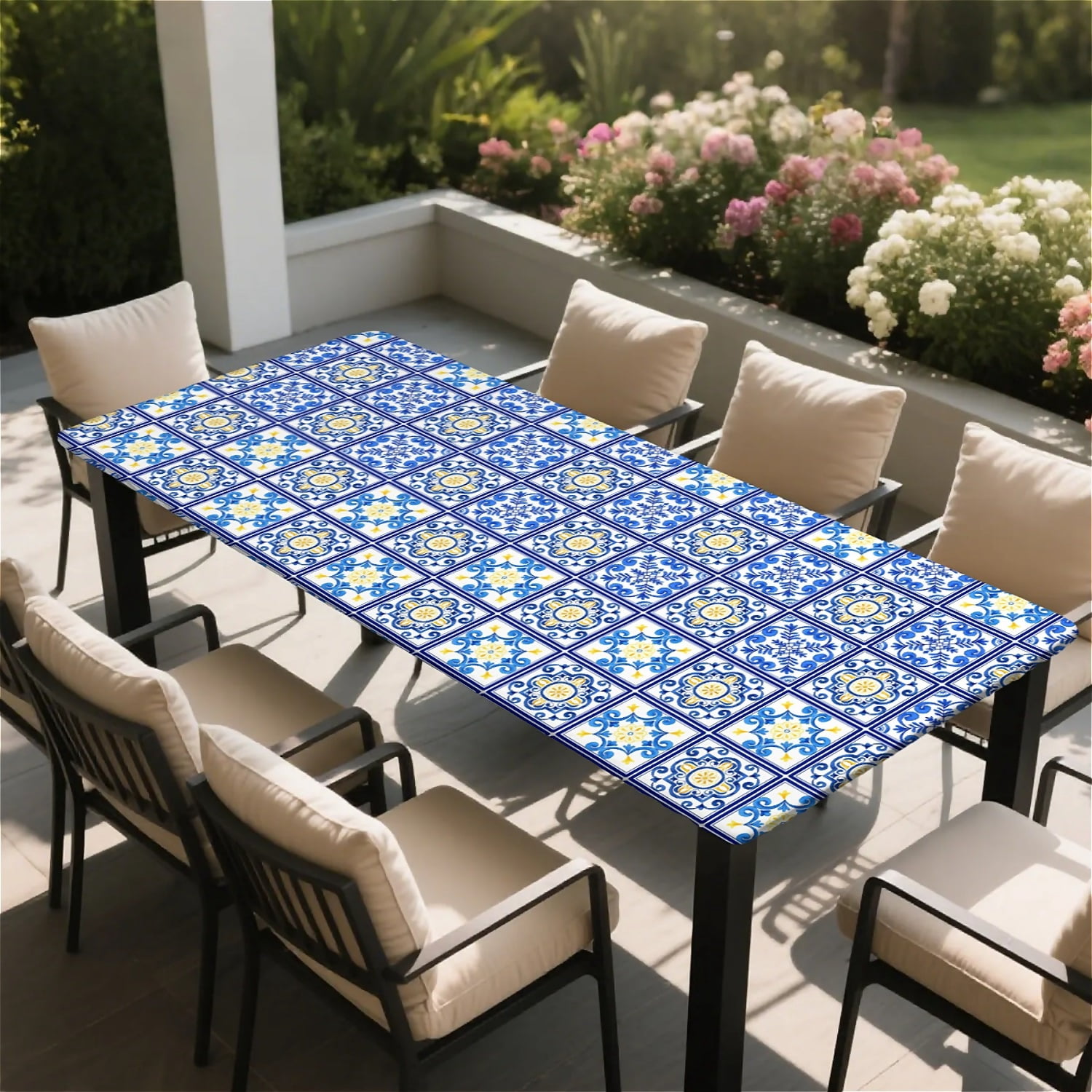 Rectangle Wipeable Tablecloth with Elastic, Fitted Waterproof Outdoor ...
