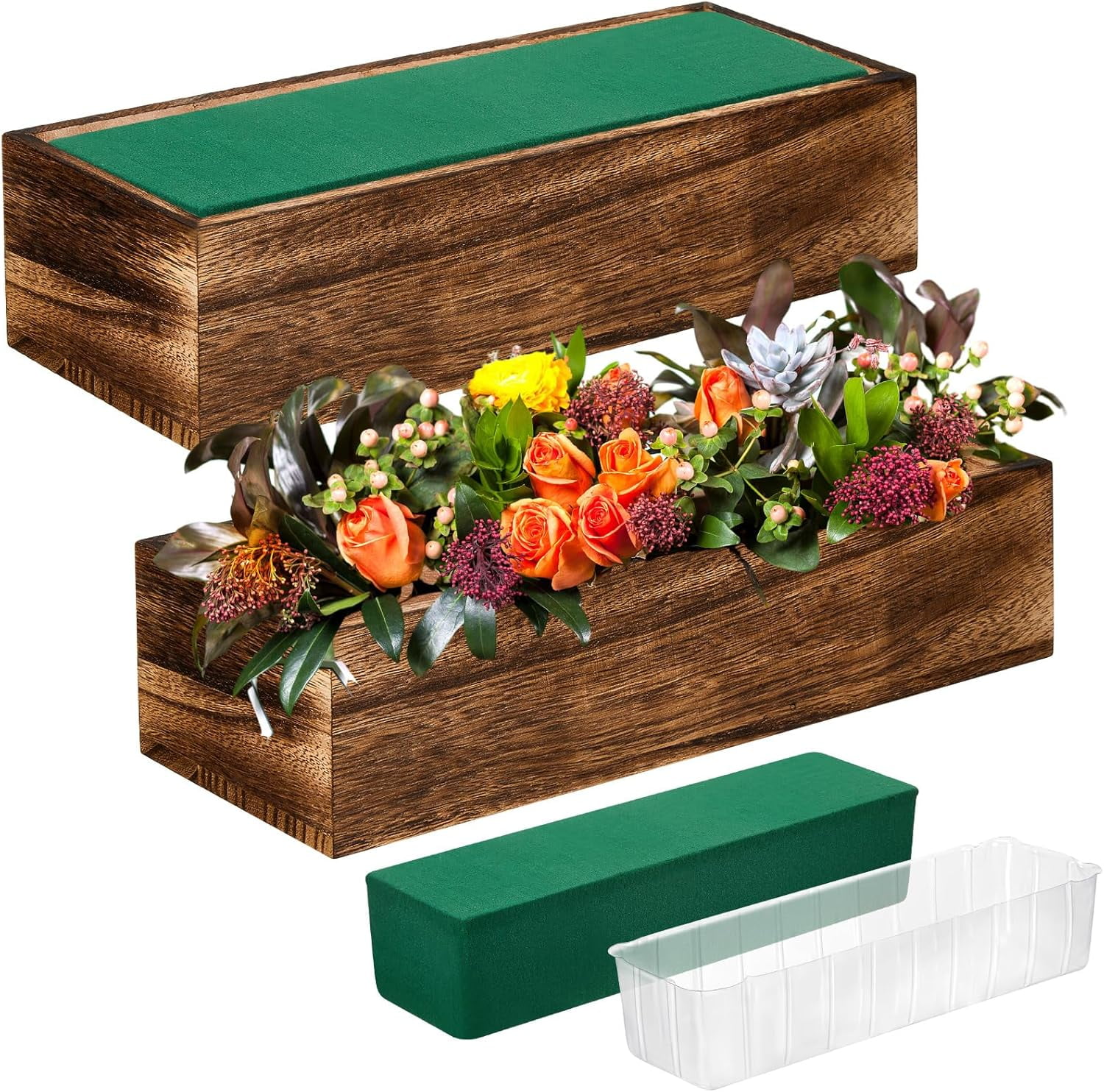 Rectangle Wooden Planter Box with Removable Plastic Liner and Floral Foam Blocks for ...