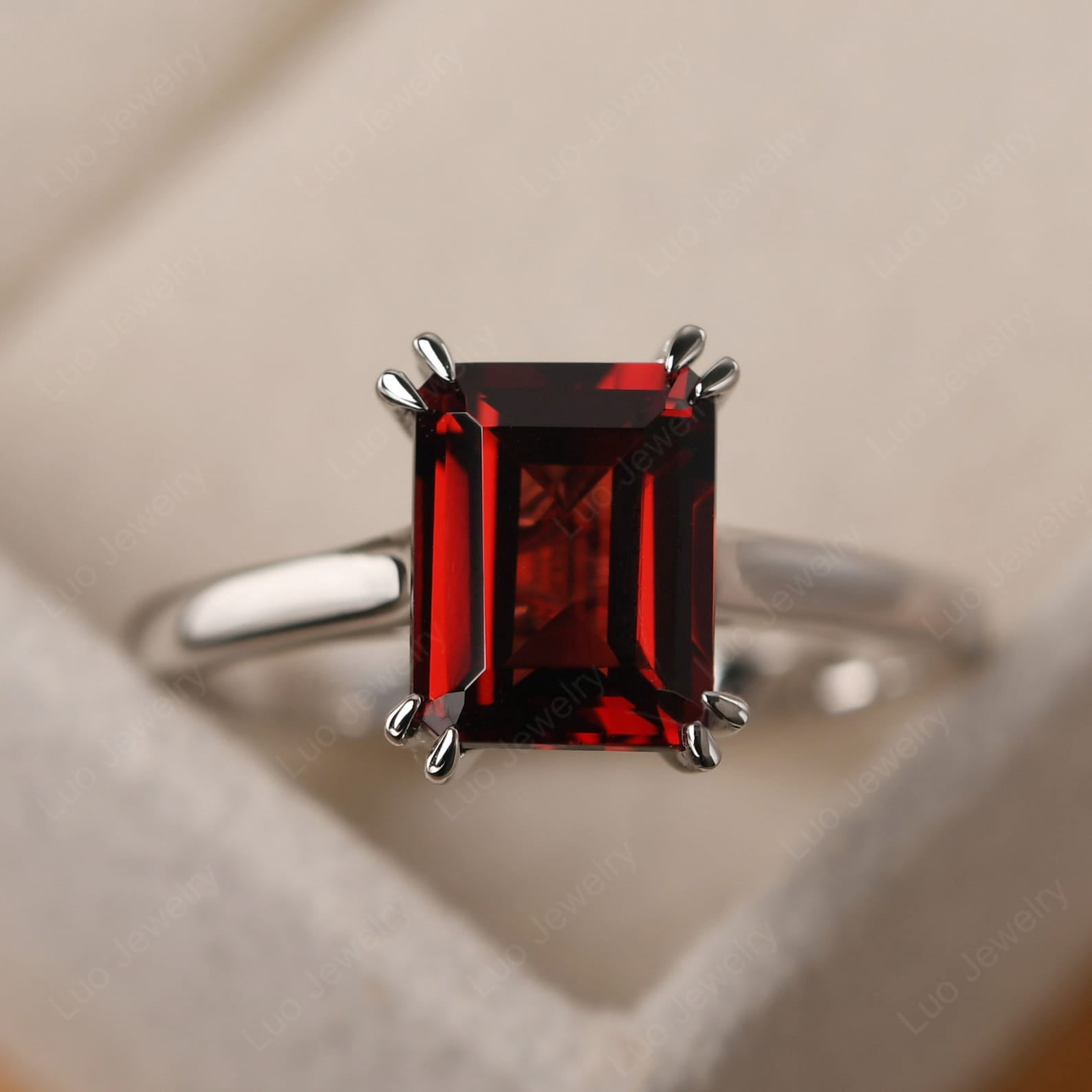 Rectangle garnet bridal ring, emerald cut sterling silver, January ...