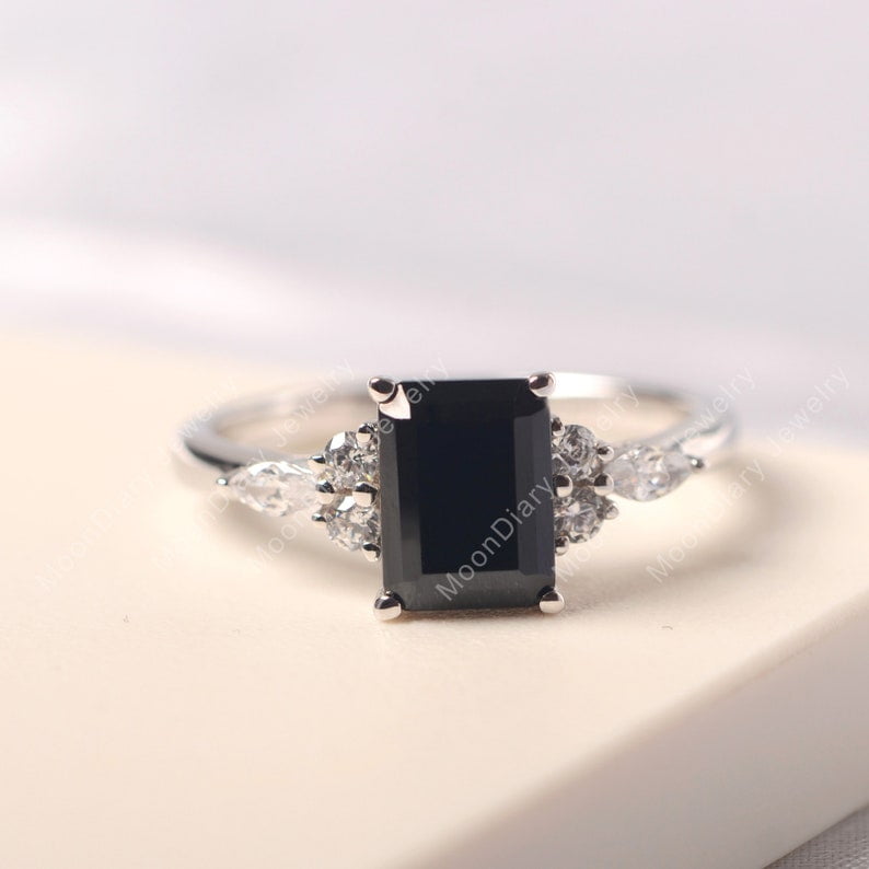 Rectangle ring Genuine black spinel ring sterling silver emerald cut ...