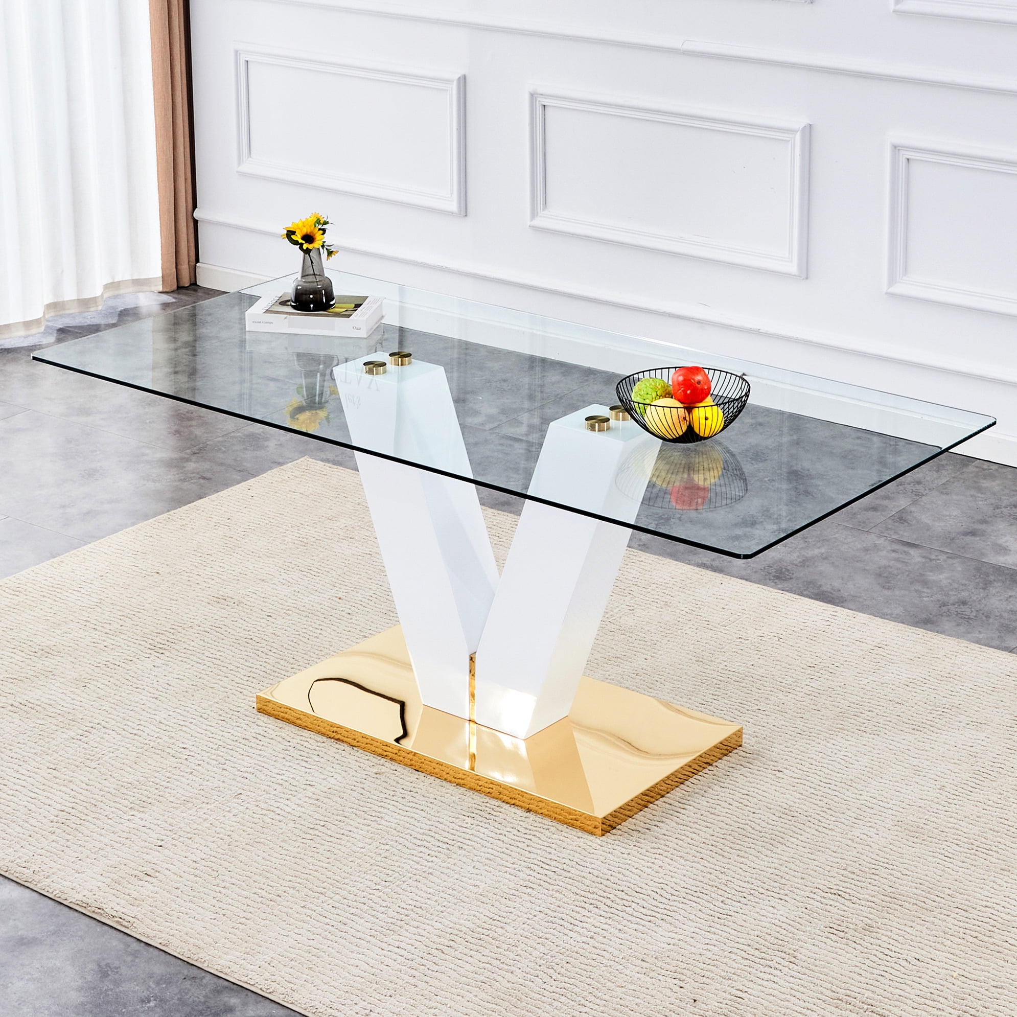 Rectangular 0.39" Tempered Glass Dining Table For 4-8 With Slab V ...
