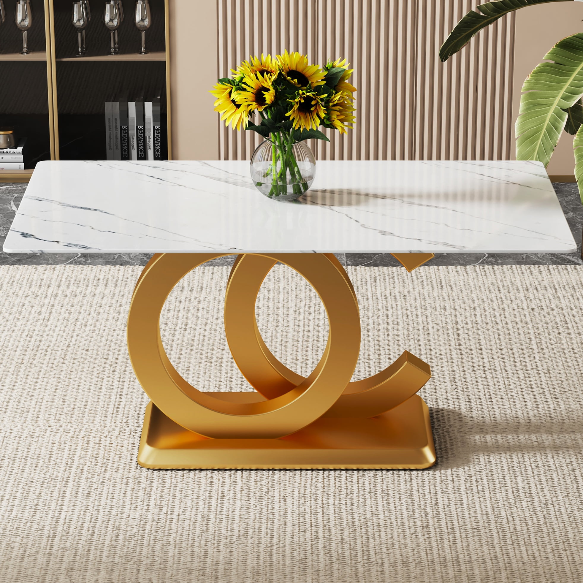 Rectangular 6-8 Person Dining Table With Gold Oc Shaped Brackets, White ...