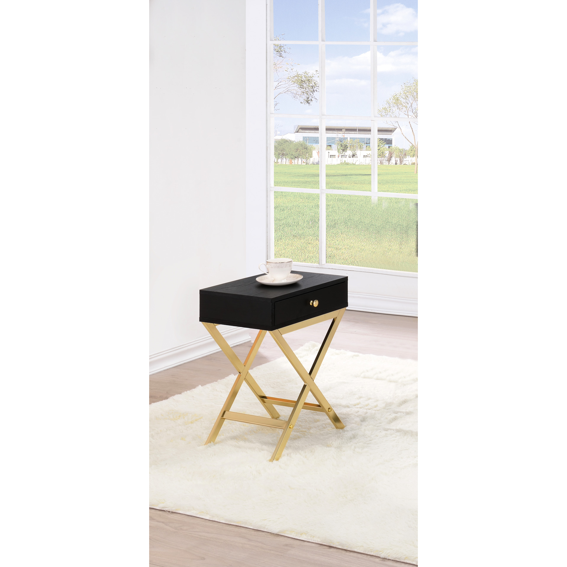 Rectangular Accent Table With 1 Drawer, Black Veneer Top And Brass ...