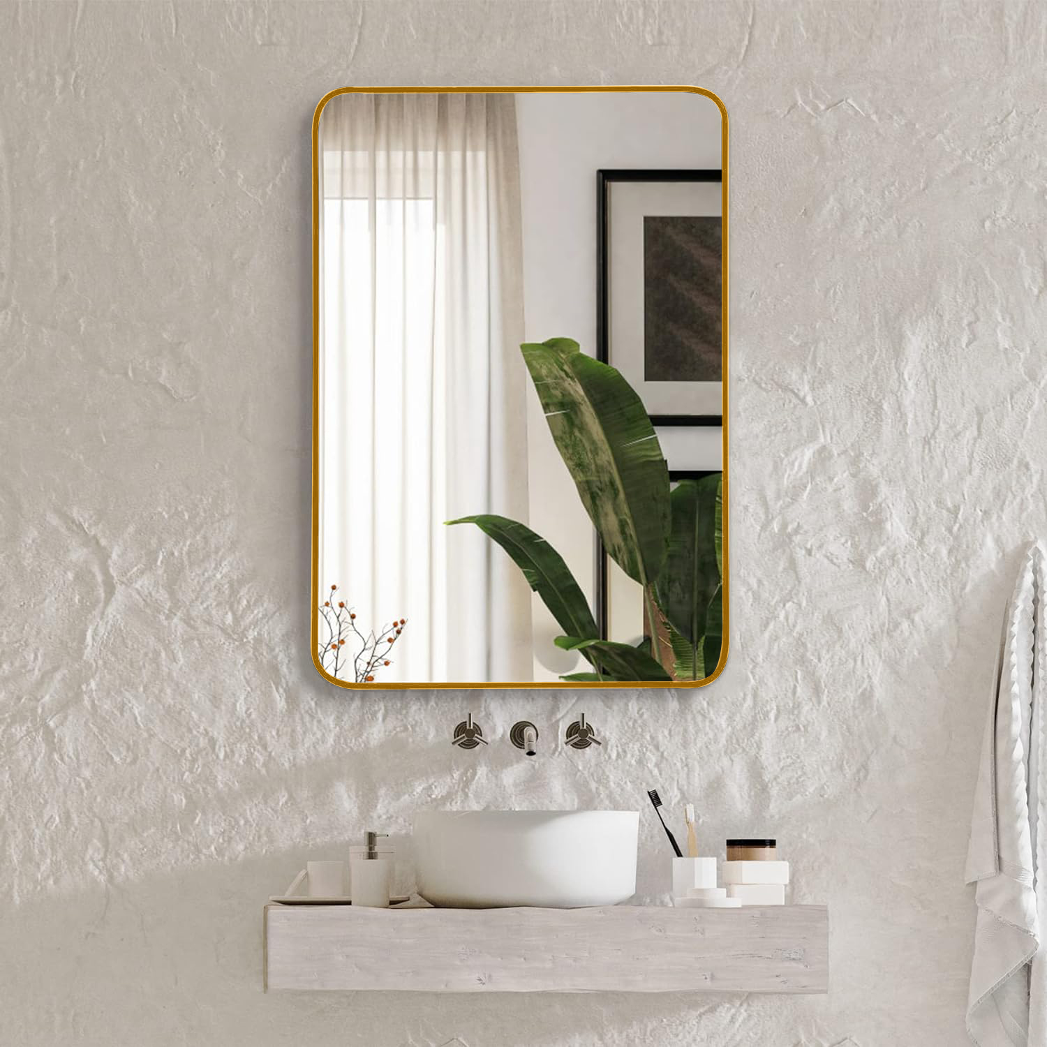 Rectangular Bathroom Mirror with Shatterproof Film, Gold Metal Frame ...