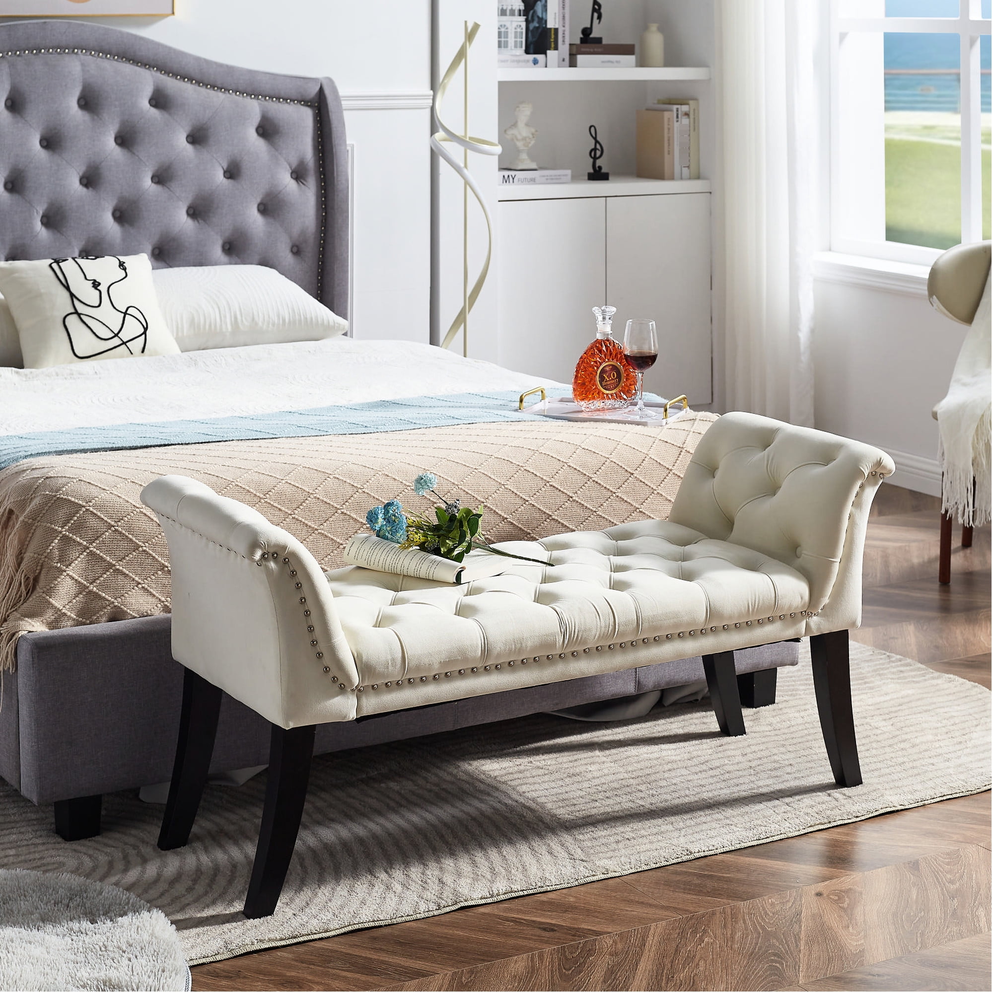 Rectangular Beige Velvet Armrest Bench, For Bedroom, Living Room ...