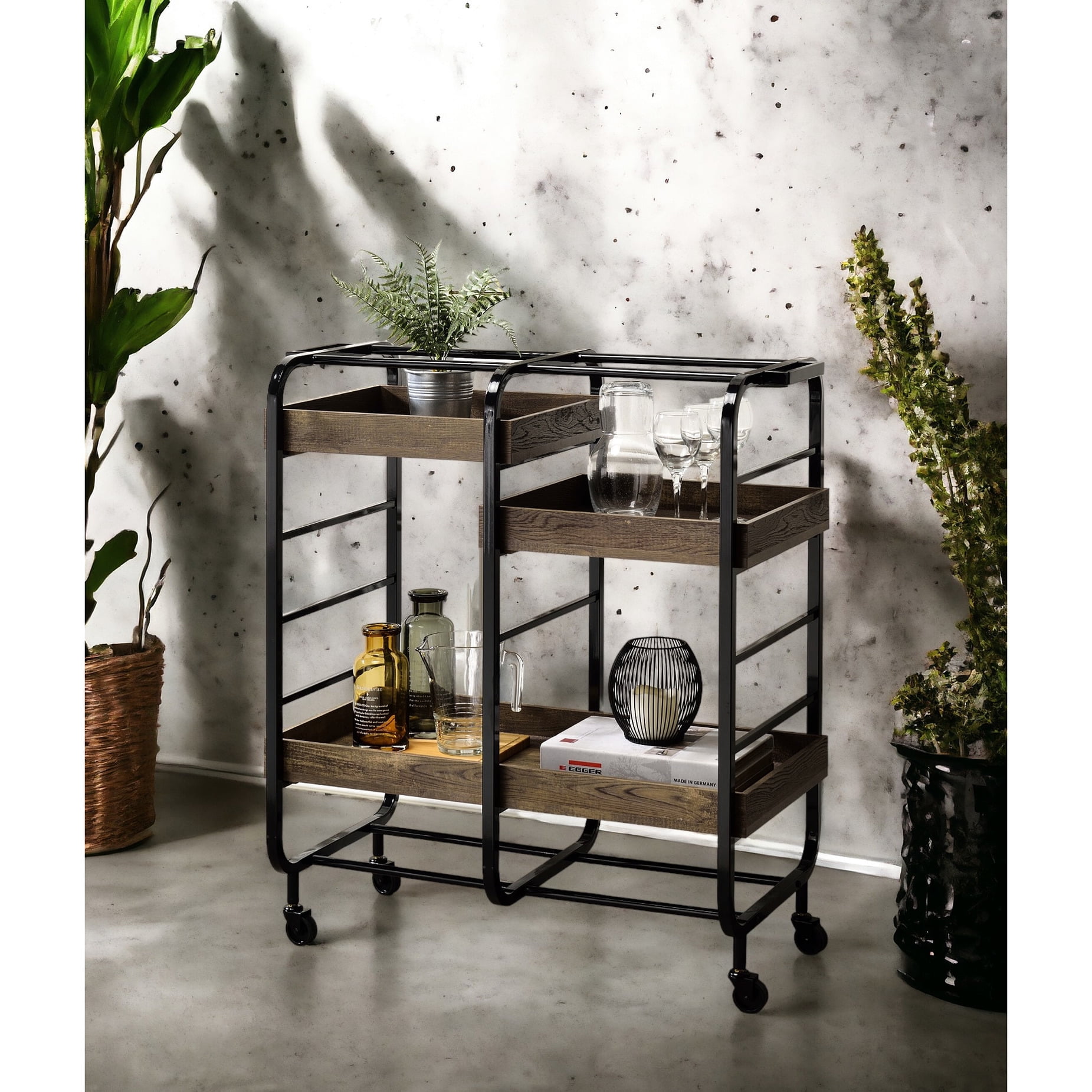 Rectangular Black and Walnut Finish Cart | Removable Trays for Easy ...