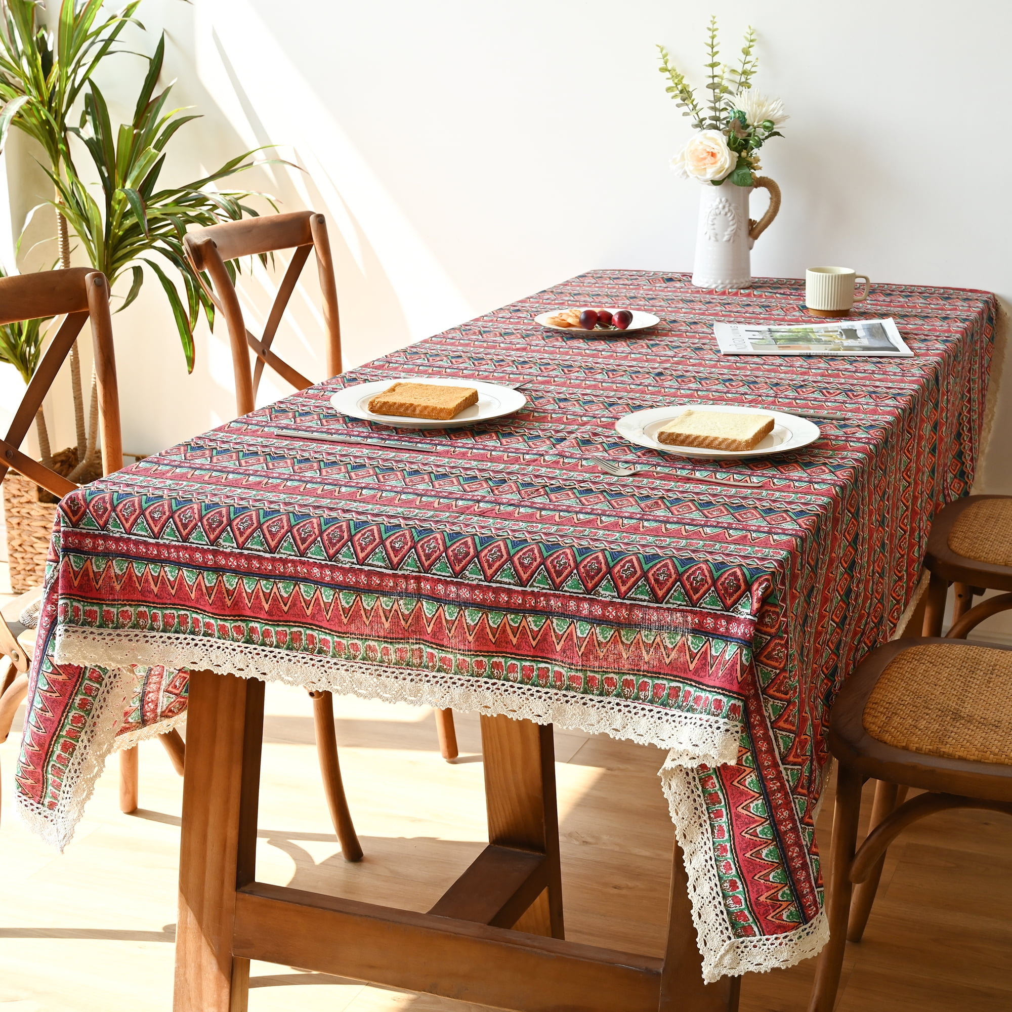 Rectangular Bohemian Style Table Cloth, Wrinkle Free Linen Cotton Table ...
