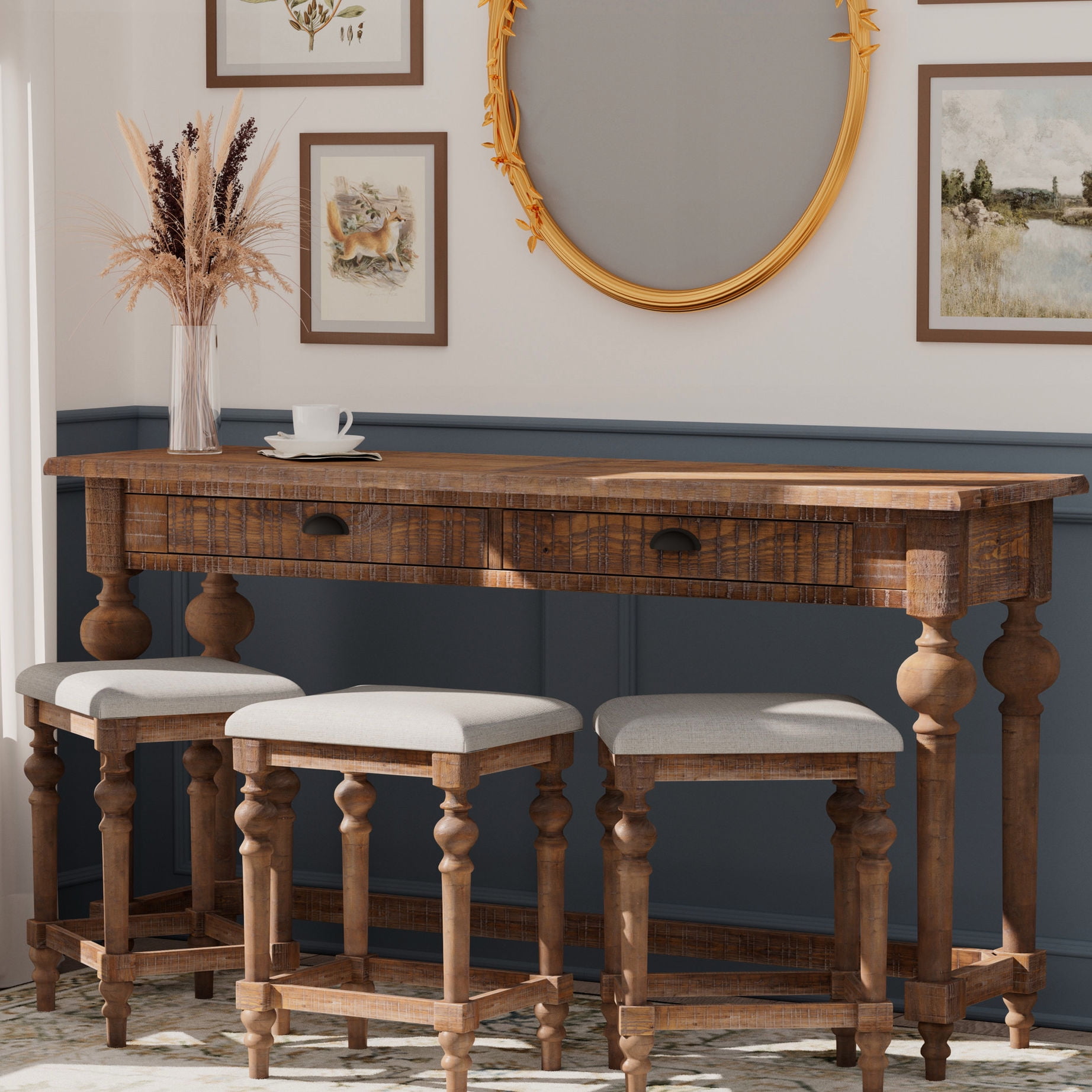 Rectangular Brown Console Table 3 Stools Easy Assembly Brings French ...