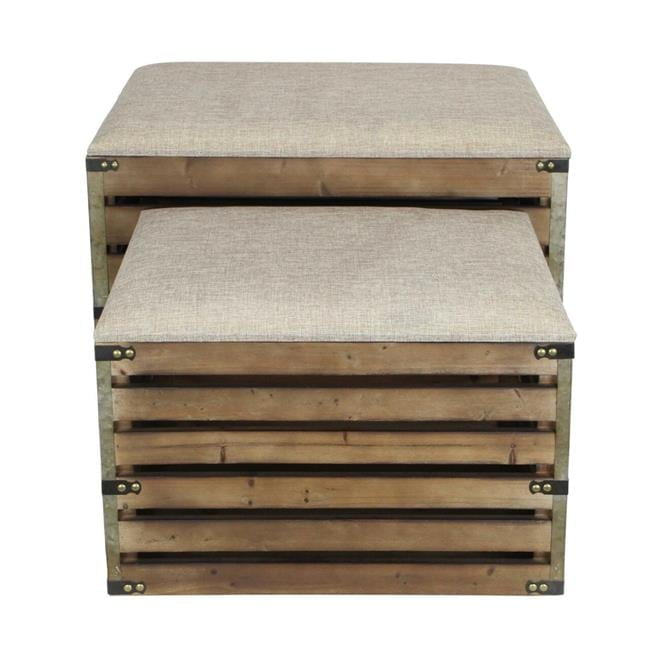 Rectangular Brown Linen Fabric & Wood Slats Storage Benches, Set of 2 ...