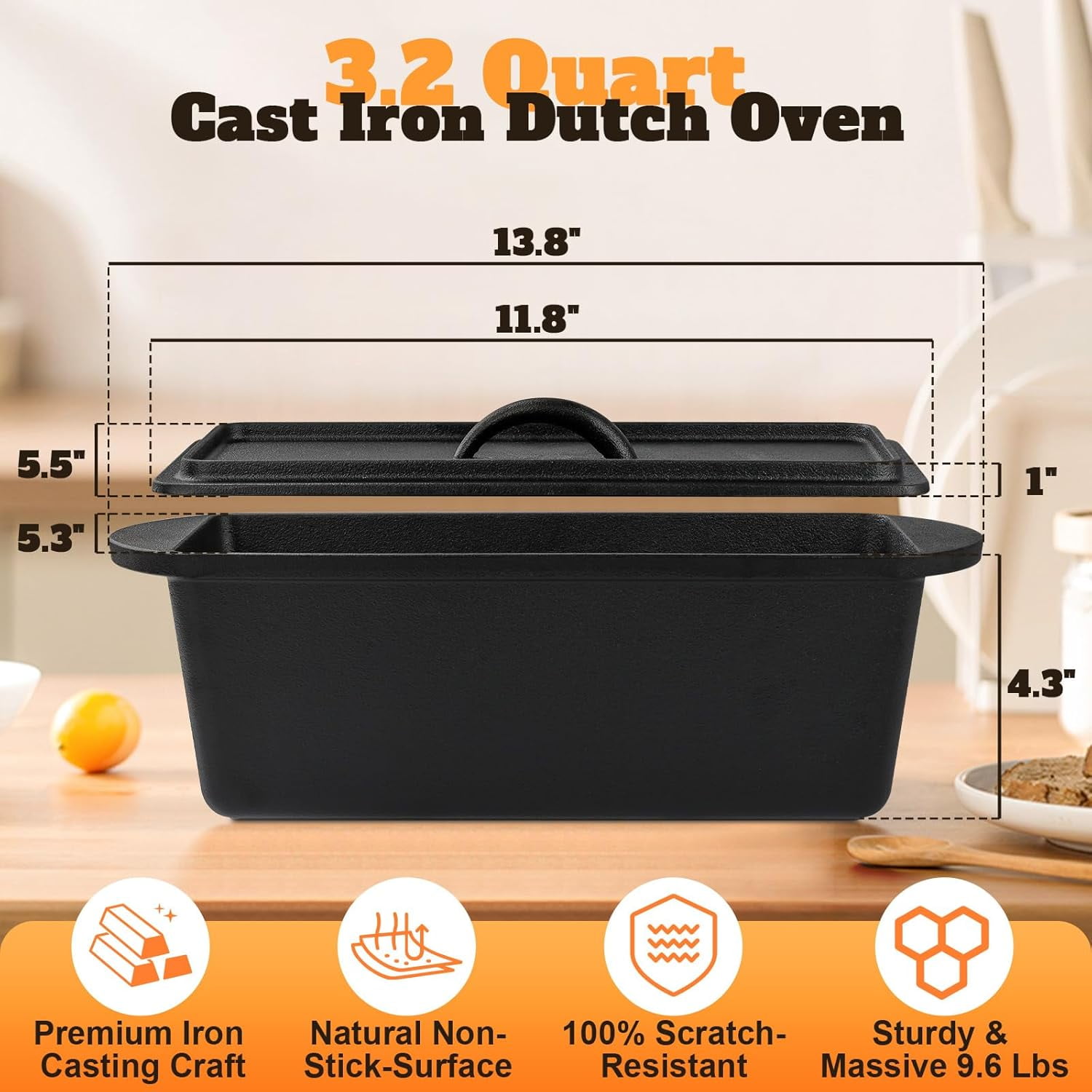 Rectangular Cast Iron Dutch Oven for Bread Baking, Cast Iron Sourdough ...