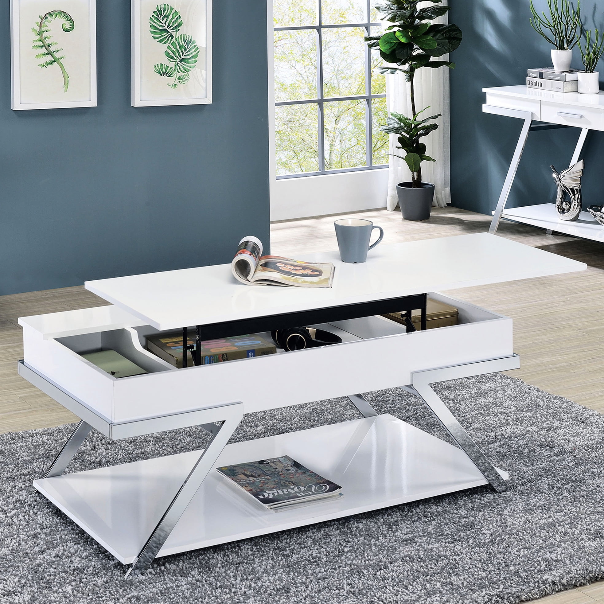 Rectangular Coffee Table With Liftable Top, Frame And Glossy Finish For ...