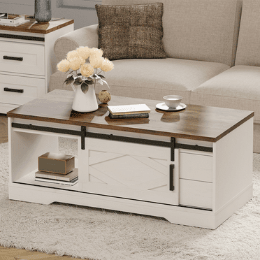 Farmhouse Coffee Table with Storage Cabinet & Drawer, White Center ...